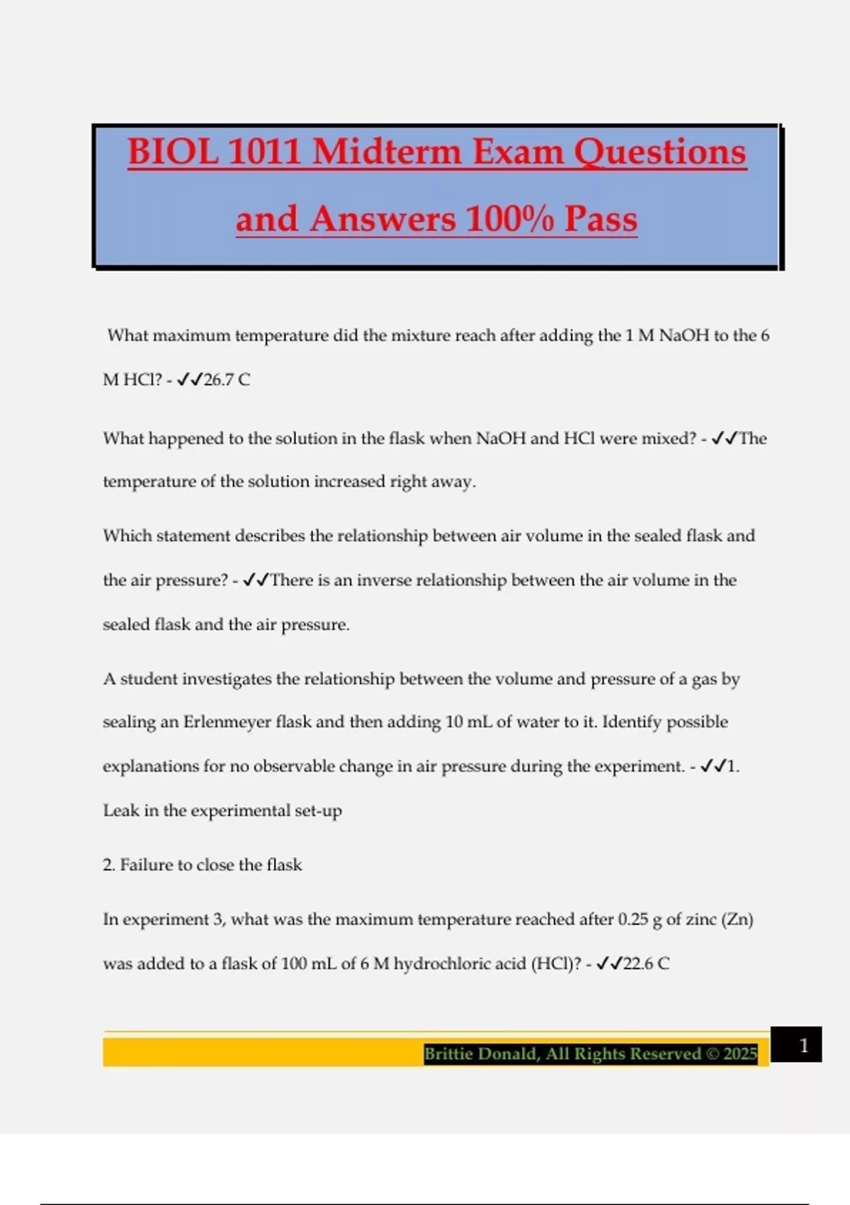 BIOL 1011 Midterm Exam Questions and Answers 100% Pass - Biology 1011 - Stuvia US