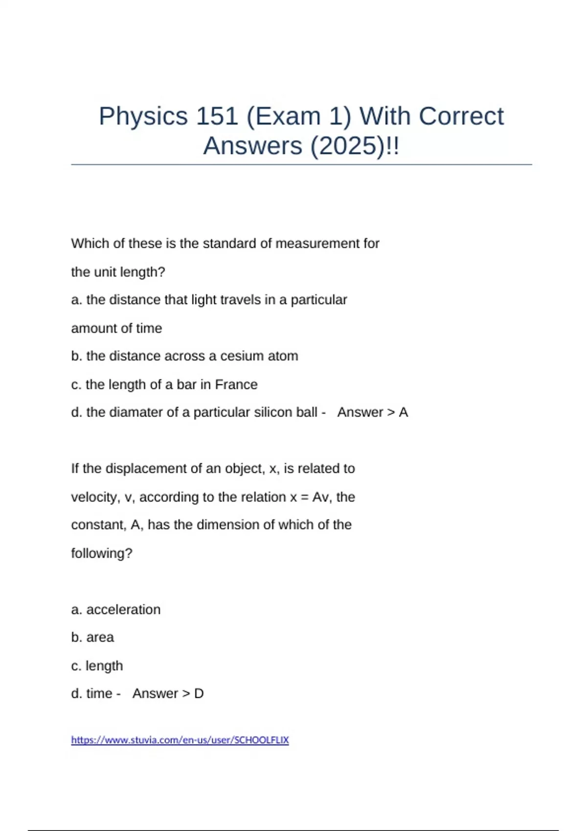 Physics 151 (Exam 1) With Correct Answers (2025)!! - PHYSICS 151 - Stuvia US