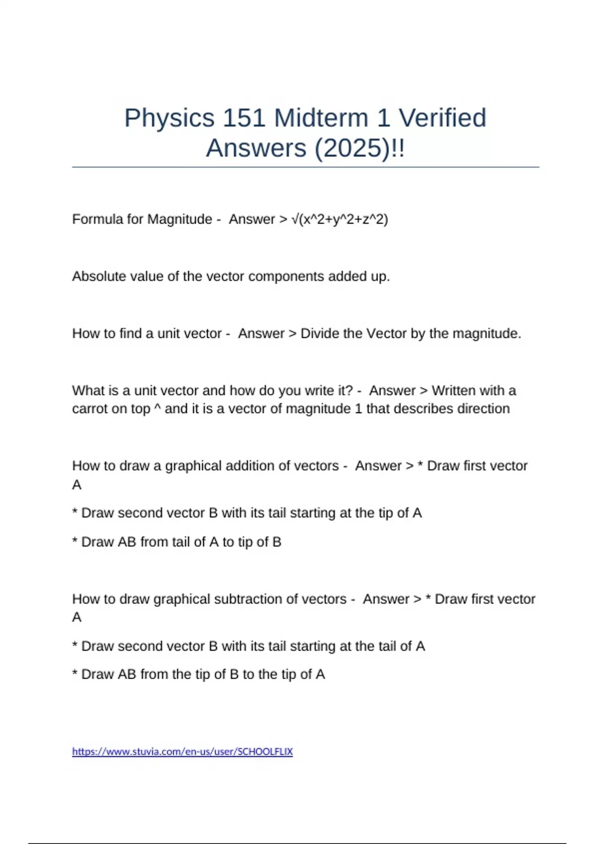 Physics 151 Midterm 1 Verified Answers (2025)!! - PHYSICS 151 - Stuvia US