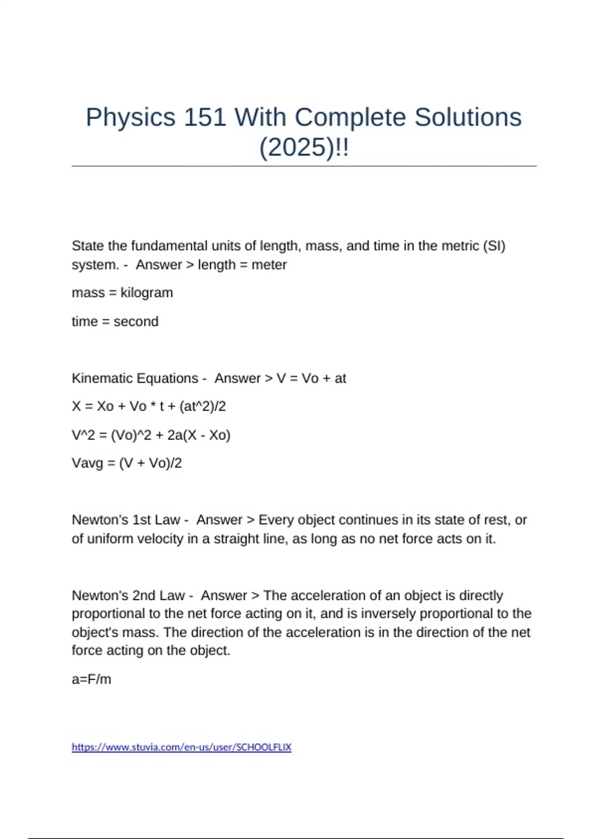 Physics 151 With Complete Solutions (2025)!! - PHYSICS 151 - Stuvia US
