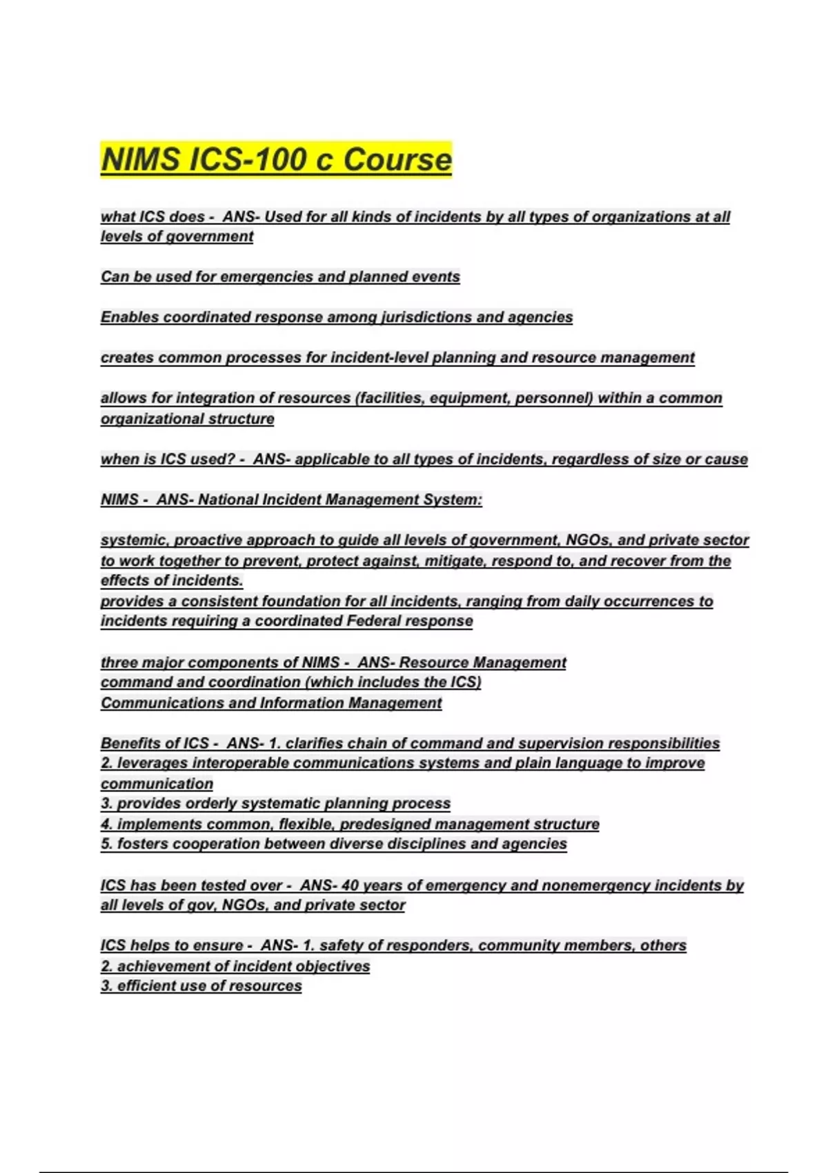 NIMS ICS-100 c Course Exam Questions and Answers 2025/2026( A+ GRADED ...