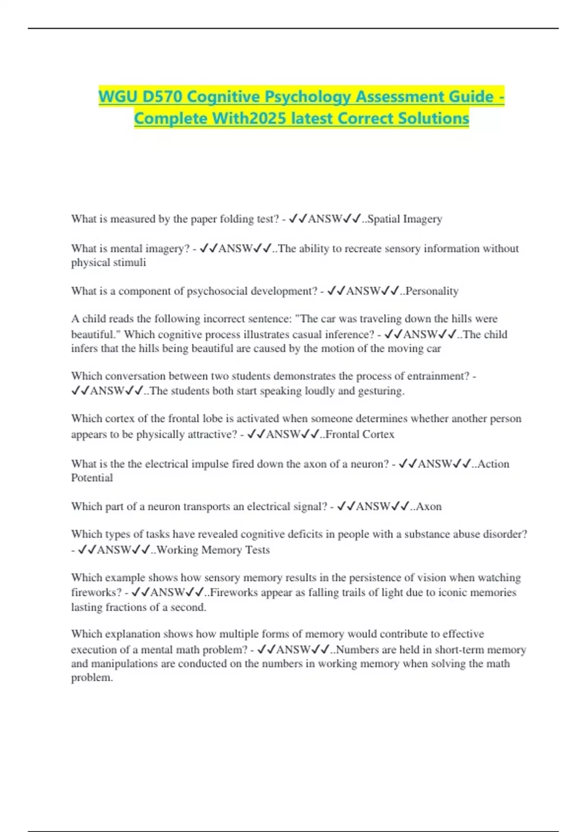 WGU D570 Cognitive Psychology Assessment Guide - Complete With2025 ...