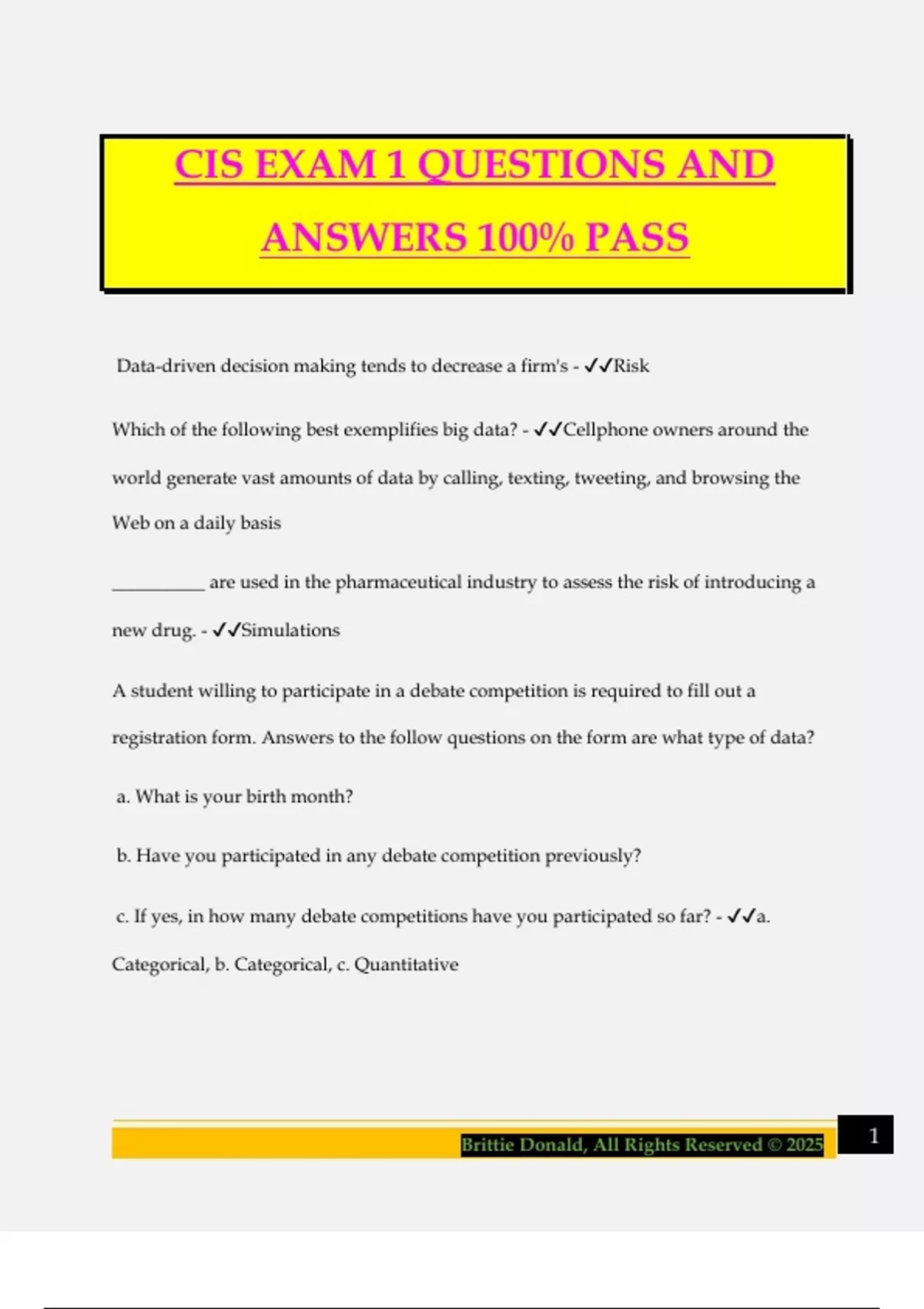 CIS EXAM 1 QUESTIONS AND ANSWERS 100% PASS - CIS - Stuvia US