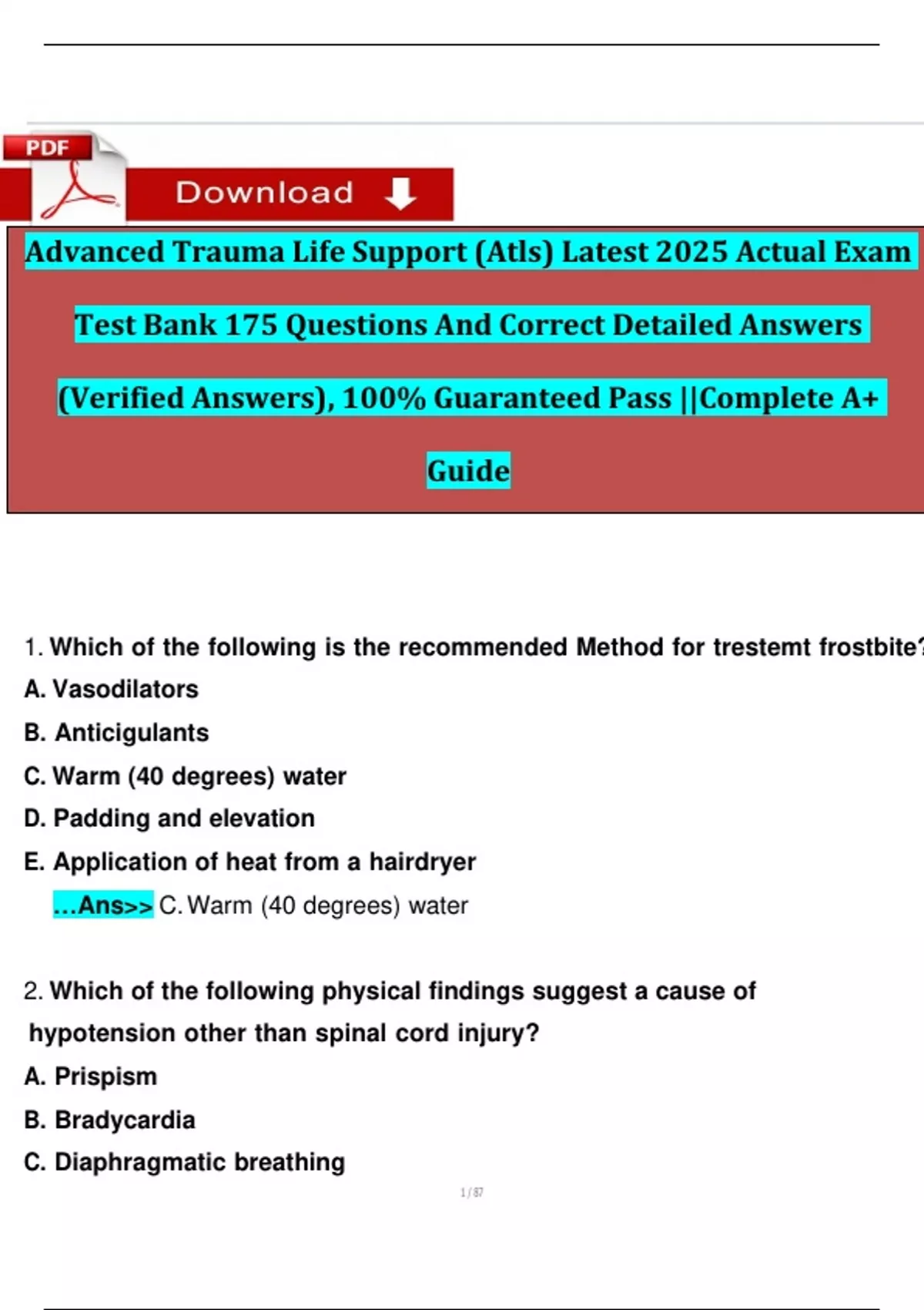 Advanced Trauma Life Support (Atls) Latest 2025 Actual Exam Test Bank ...