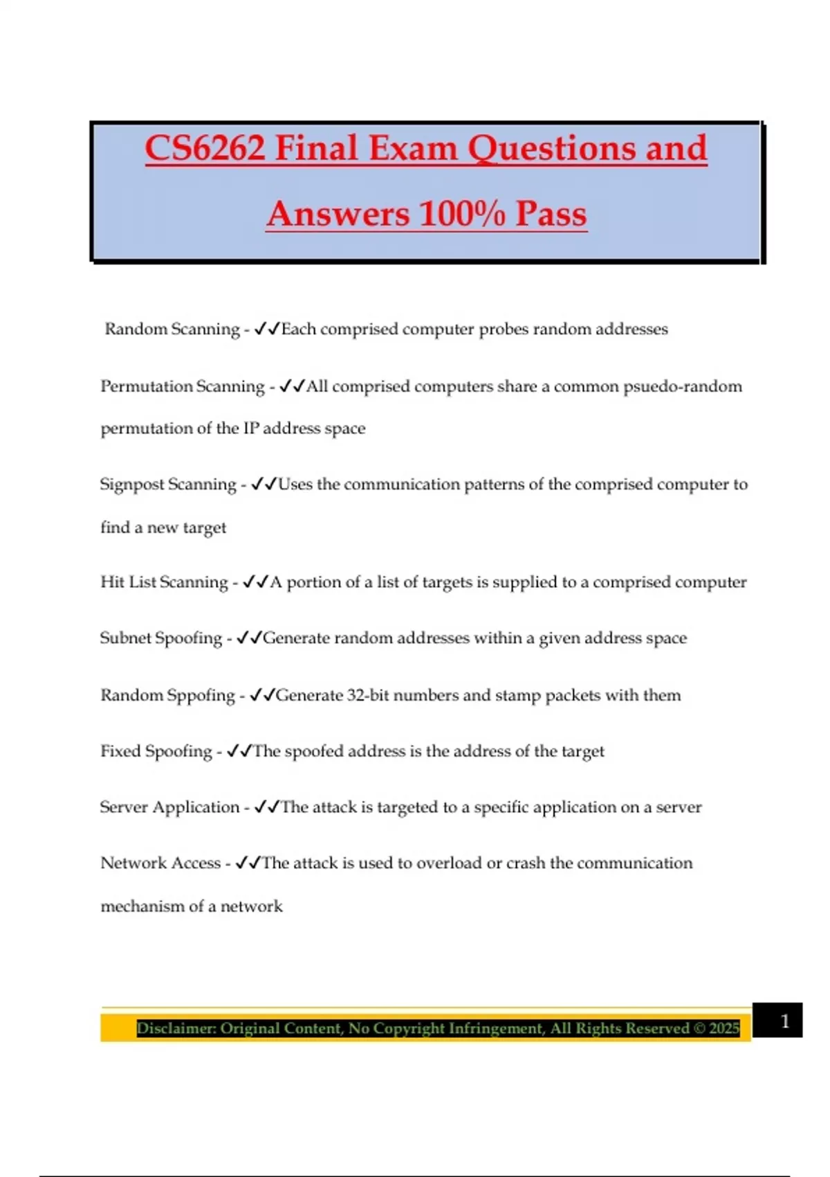 CS6262 Final Exam Questions and Answers 100% Pass - CS 6262 - Stuvia US