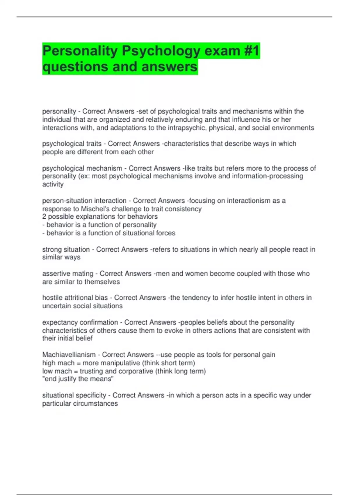 Personality Psychology exam #1 questions and answers - Personality ...