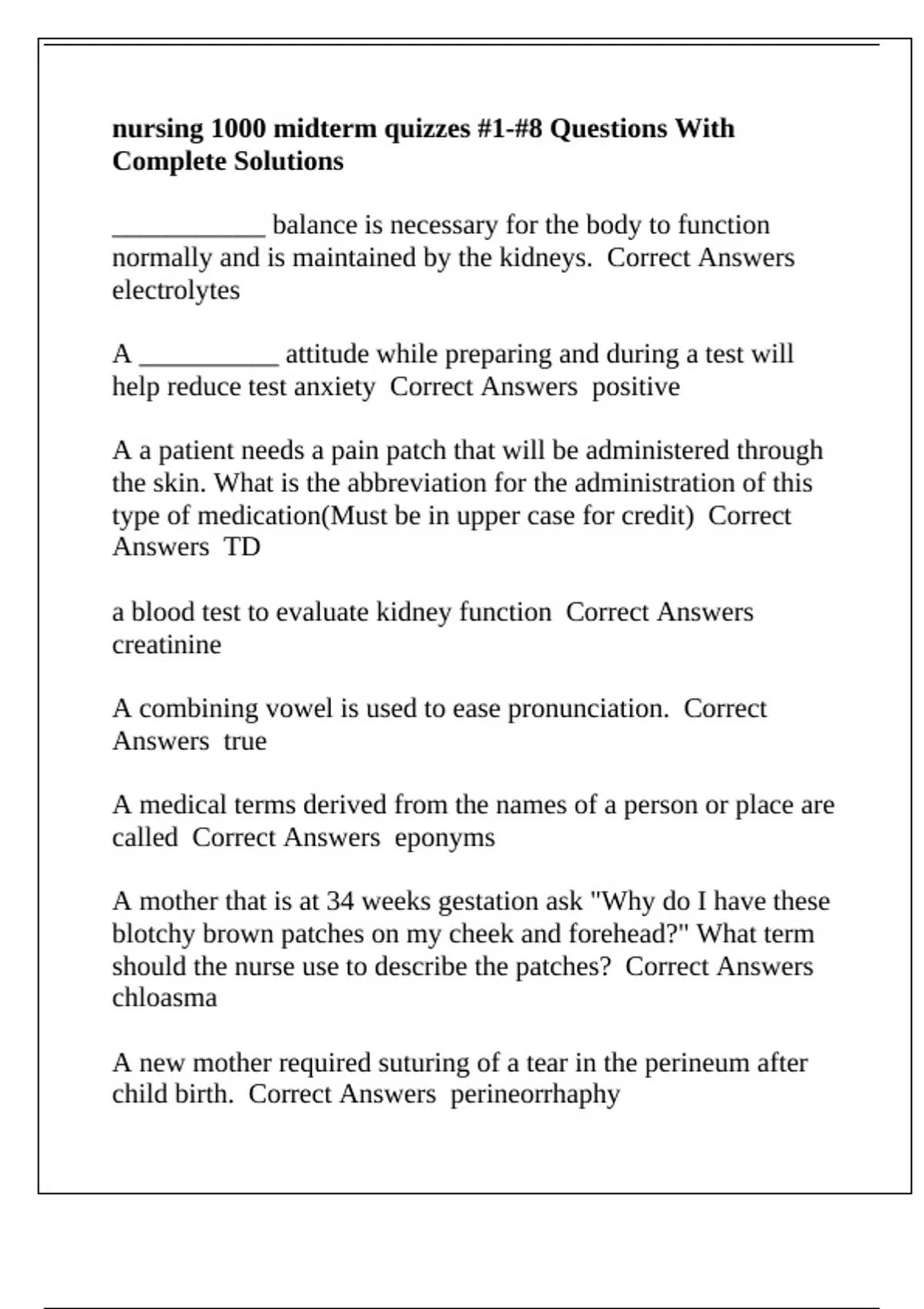 nursing 1000 midterm quizzes #1-#8 Questions With Complete Solutions - Nurs 1000 - Stuvia US