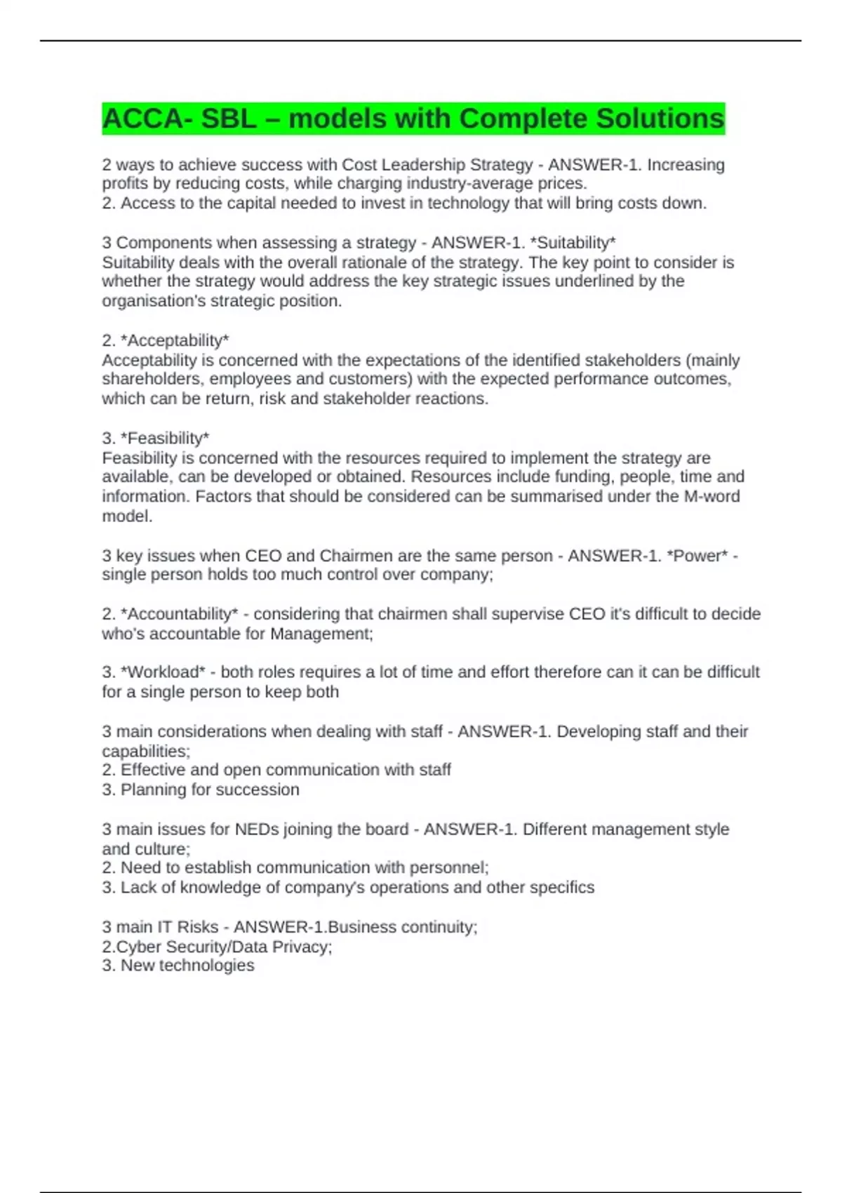 ACCA- SBL – models with Complete Solutions - ACCA- SBL - Stuvia US