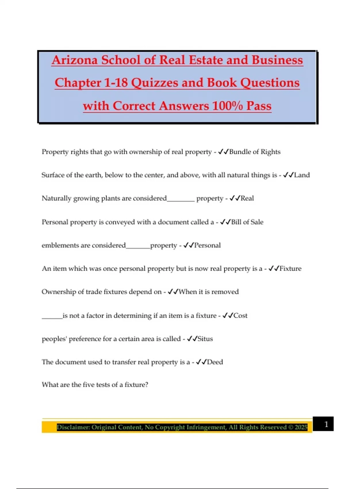Arizona School of Real Estate and Business Chapter 1-18 Quizzes and ...