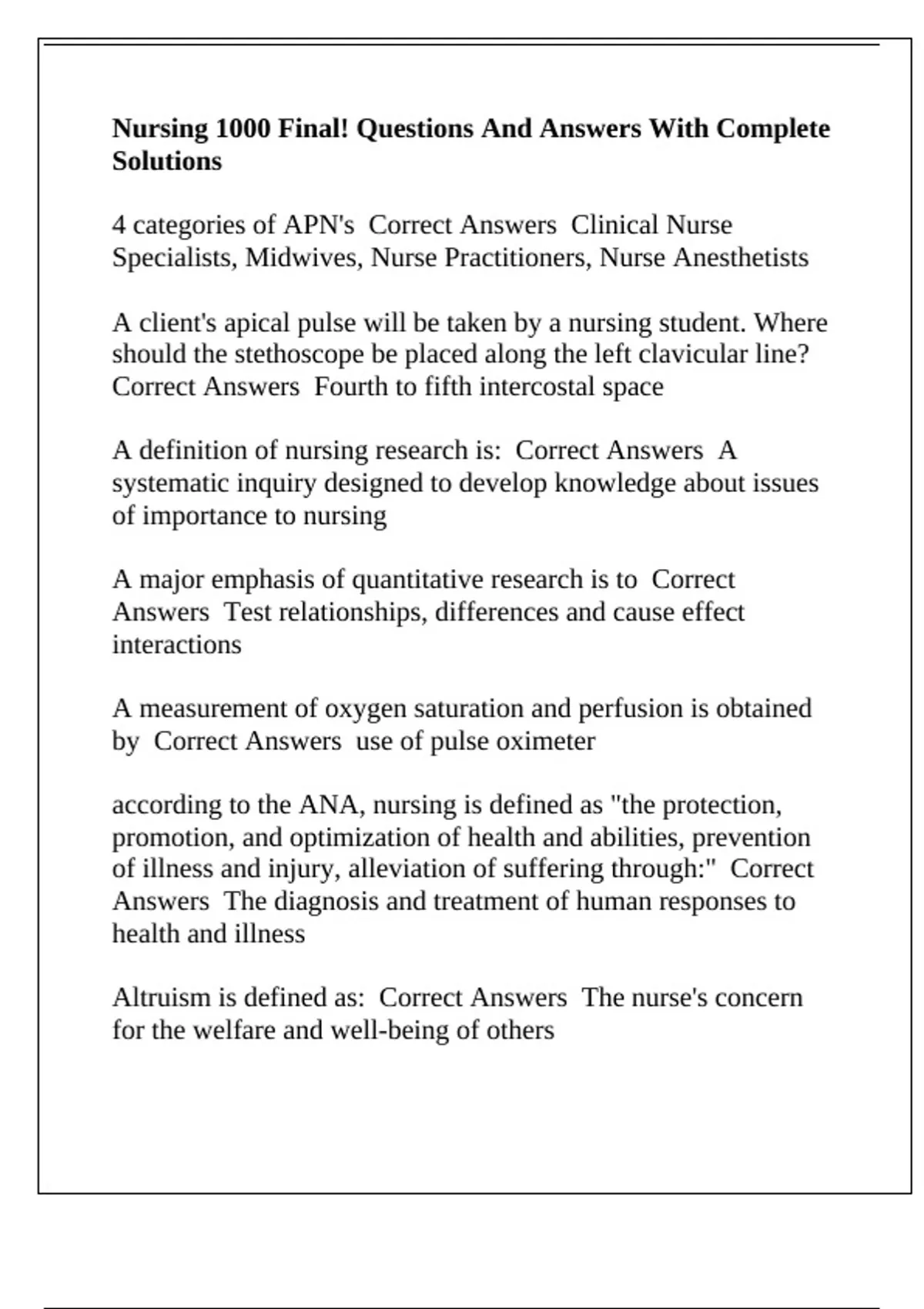Nursing 1000 Final! Questions And Answers With Complete Solutions - NUR 1000 - Stuvia US