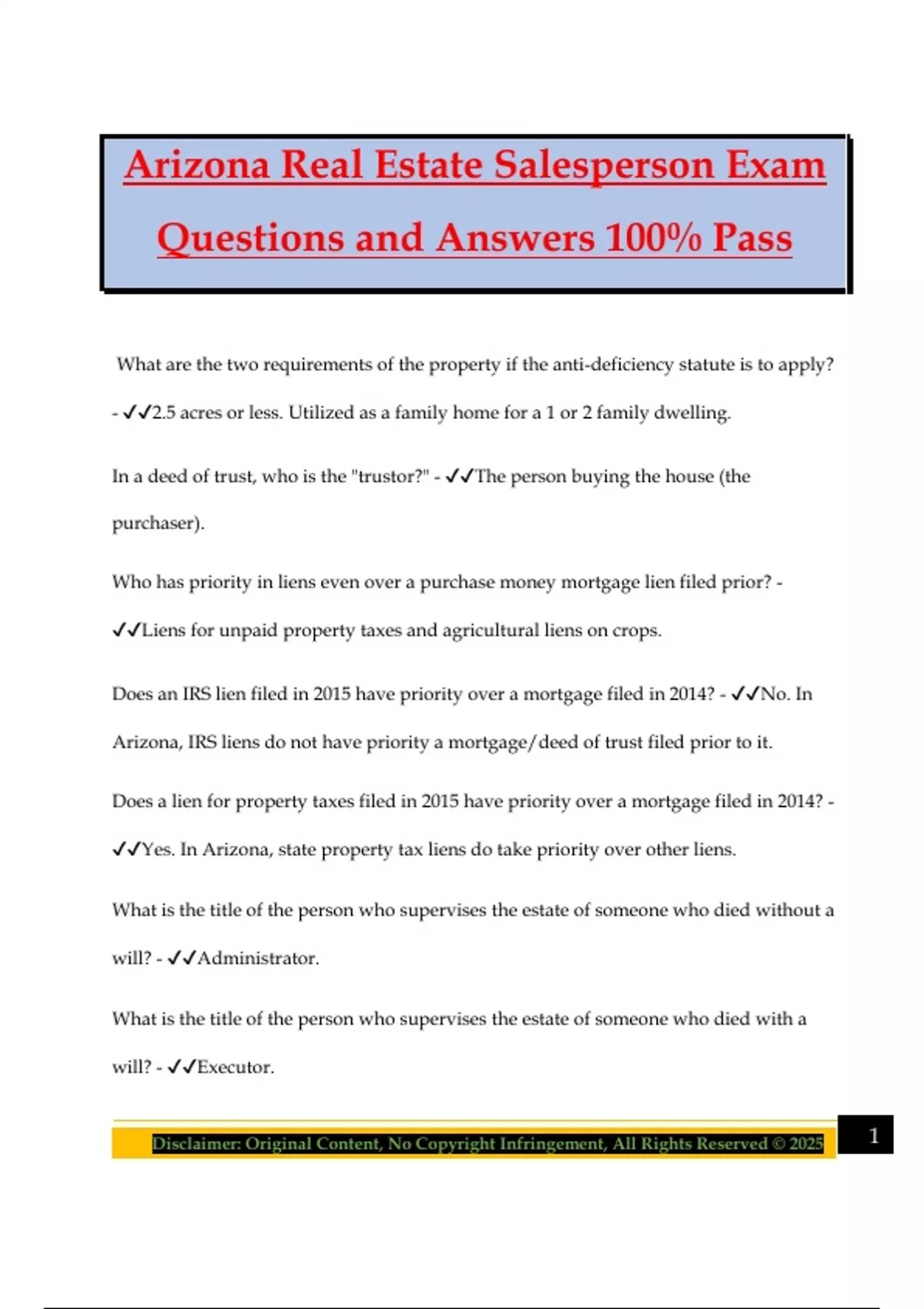 Arizona Real Estate Salesperson Exam Questions and Answers 100% Pass ...