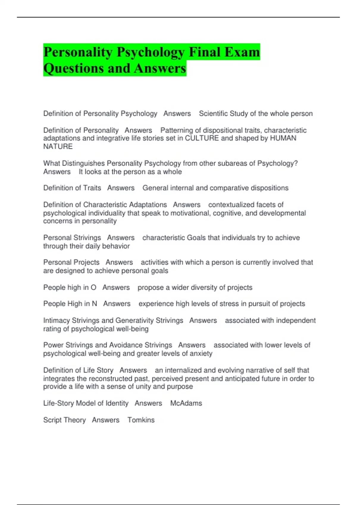 Personality Psychology Final Exam Questions and Answers - Personality Psychology - Stuvia US