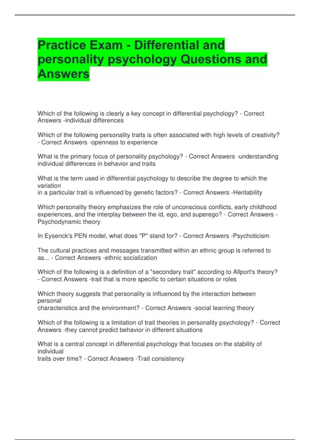 Practice Exam - Differential and personality psychology Questions and ...