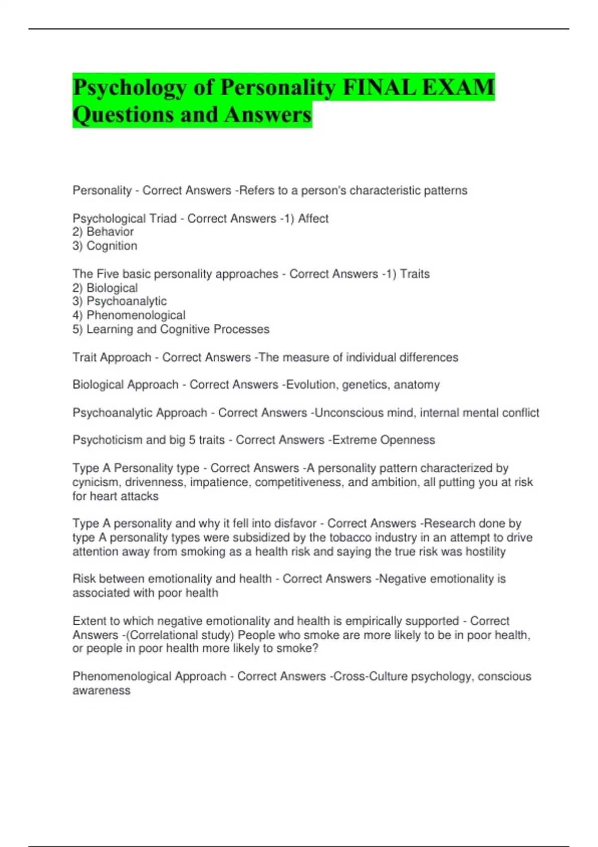 Psychology of Personality FINAL EXAM Questions and Answers - Psychology ...