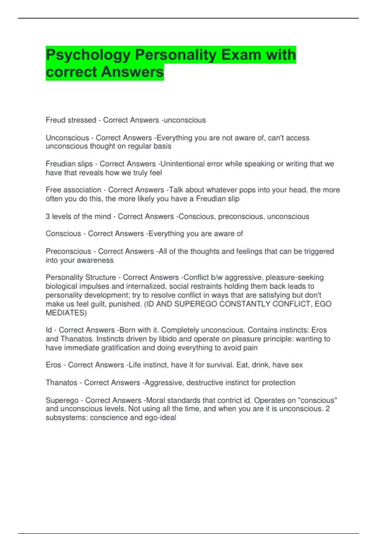 Psychology Personality Exam with correct Answers - Psychology of ...