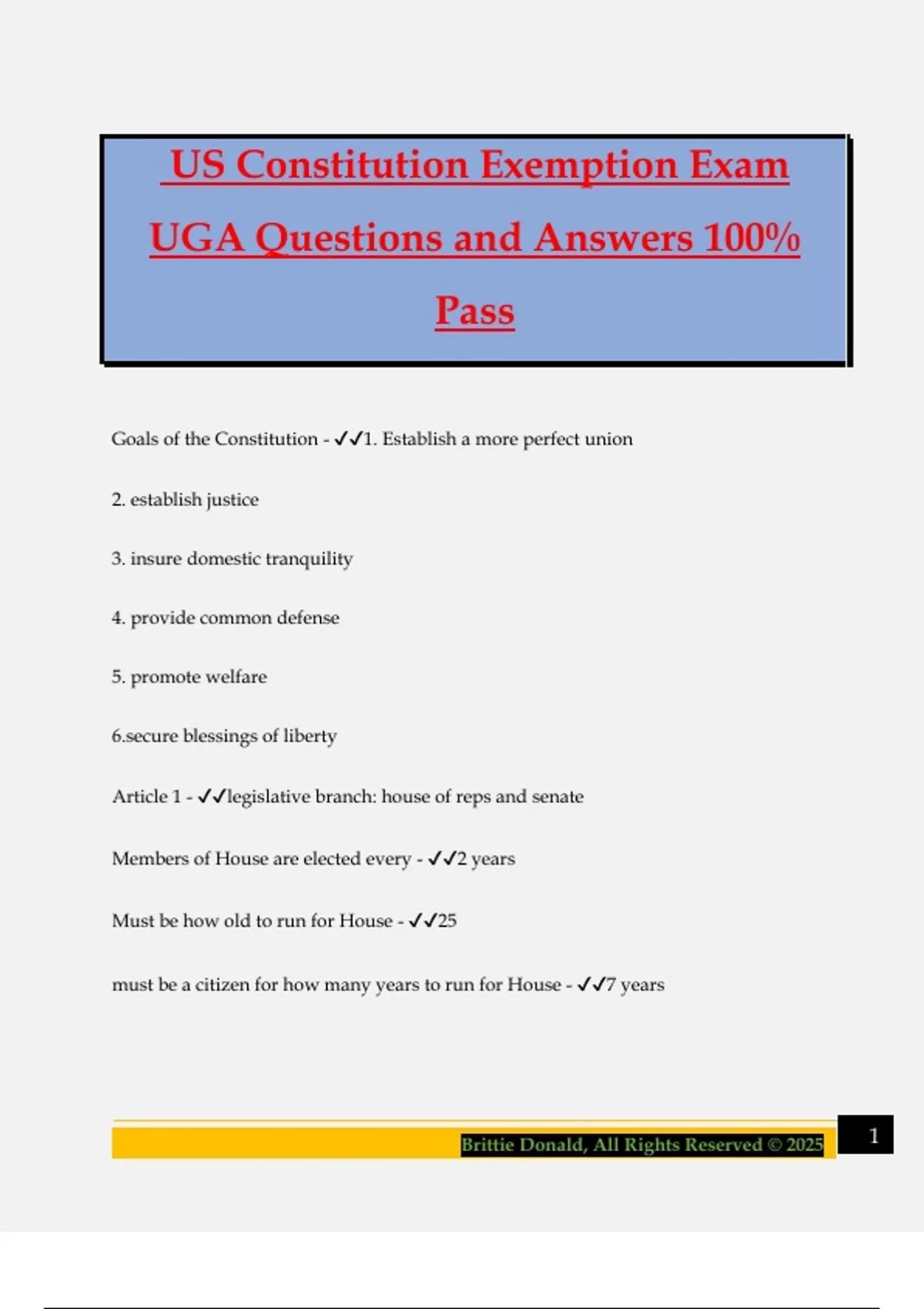 US Constitution Exemption Exam UGA Questions and Answers 100% Pass - GA ...