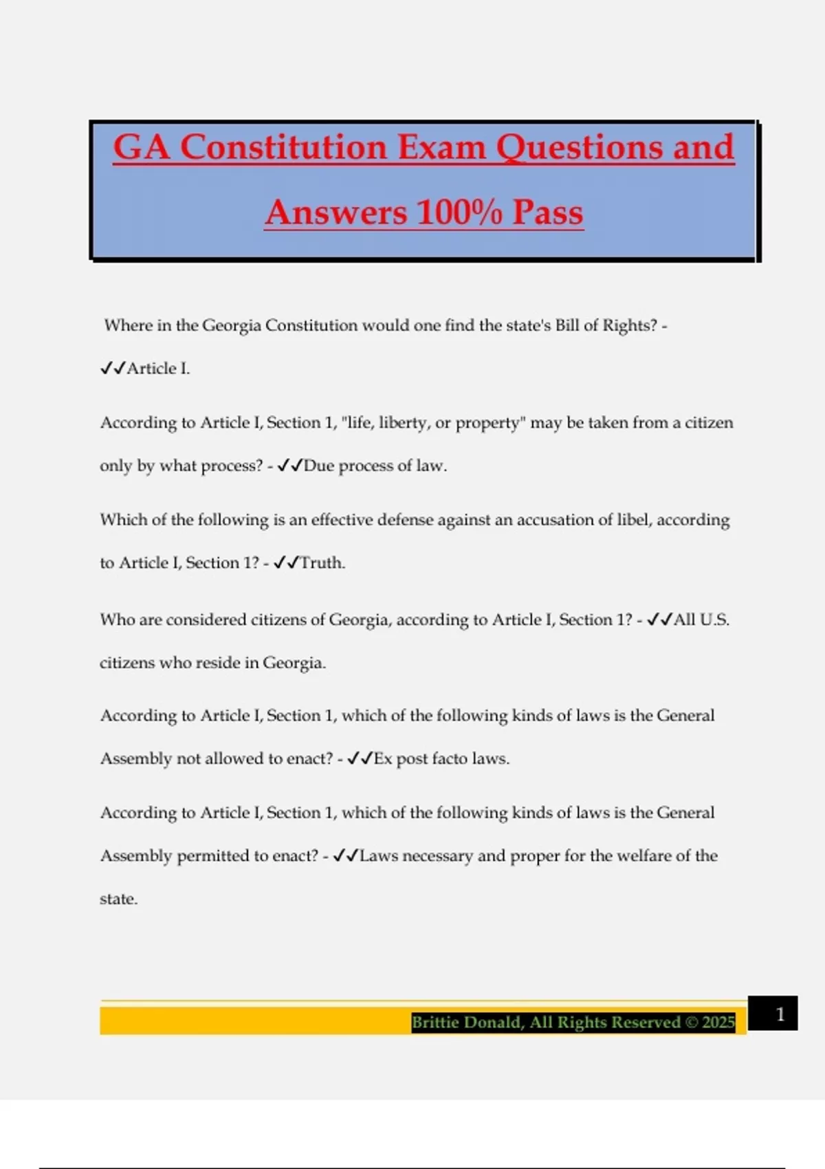 GA Constitution Exam Questions and Answers 100% Pass - GA Constitution ...