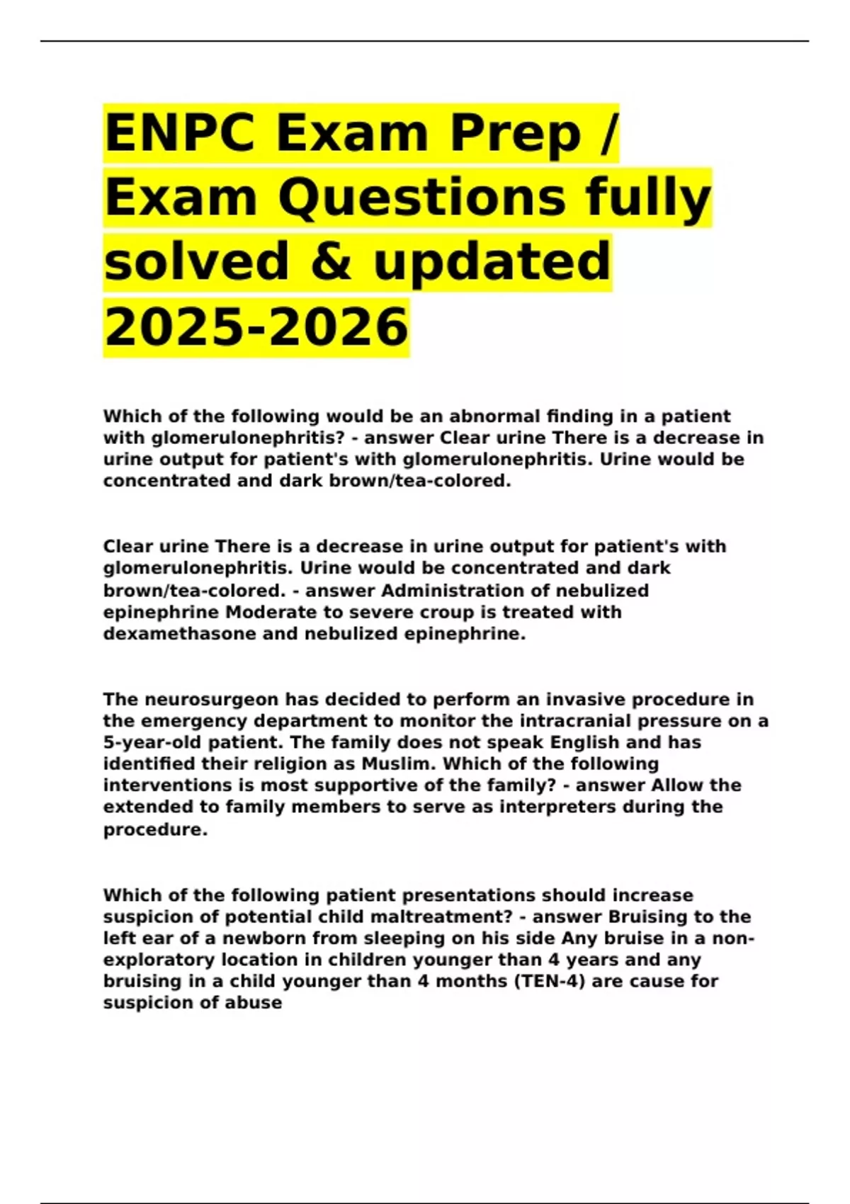 ENPC Exam Prep Exam Questions fully solved & updated . - ENPC 6th ...