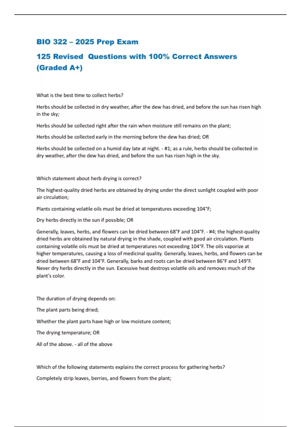 BIO 322 – 2025 Prep Exam 125 Revised Questions with 100% Correct ...