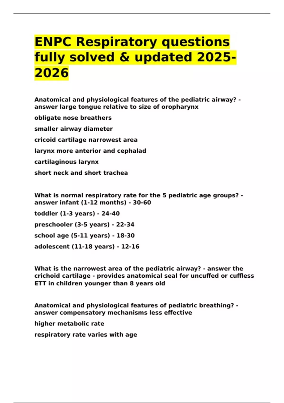 ENPC Respiratory questions fully solved & updated - ENPC 6th Edition ...