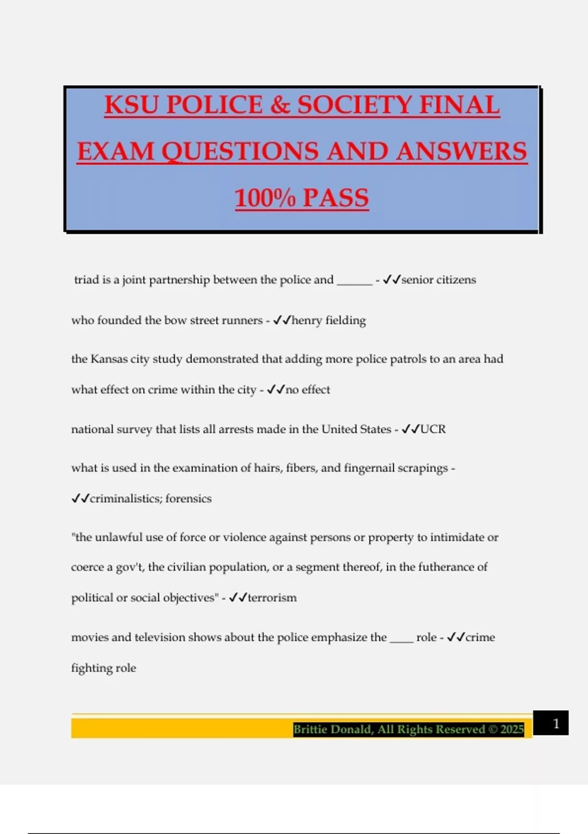 KSU POLICE & SOCIETY FINAL EXAM QUESTIONS AND ANSWERS 100% PASS - GA ...
