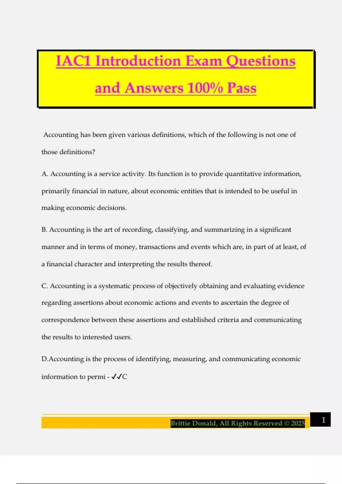 IAC1 Introduction Exam Questions and Answers 100% Pass - IAC1 - Stuvia US