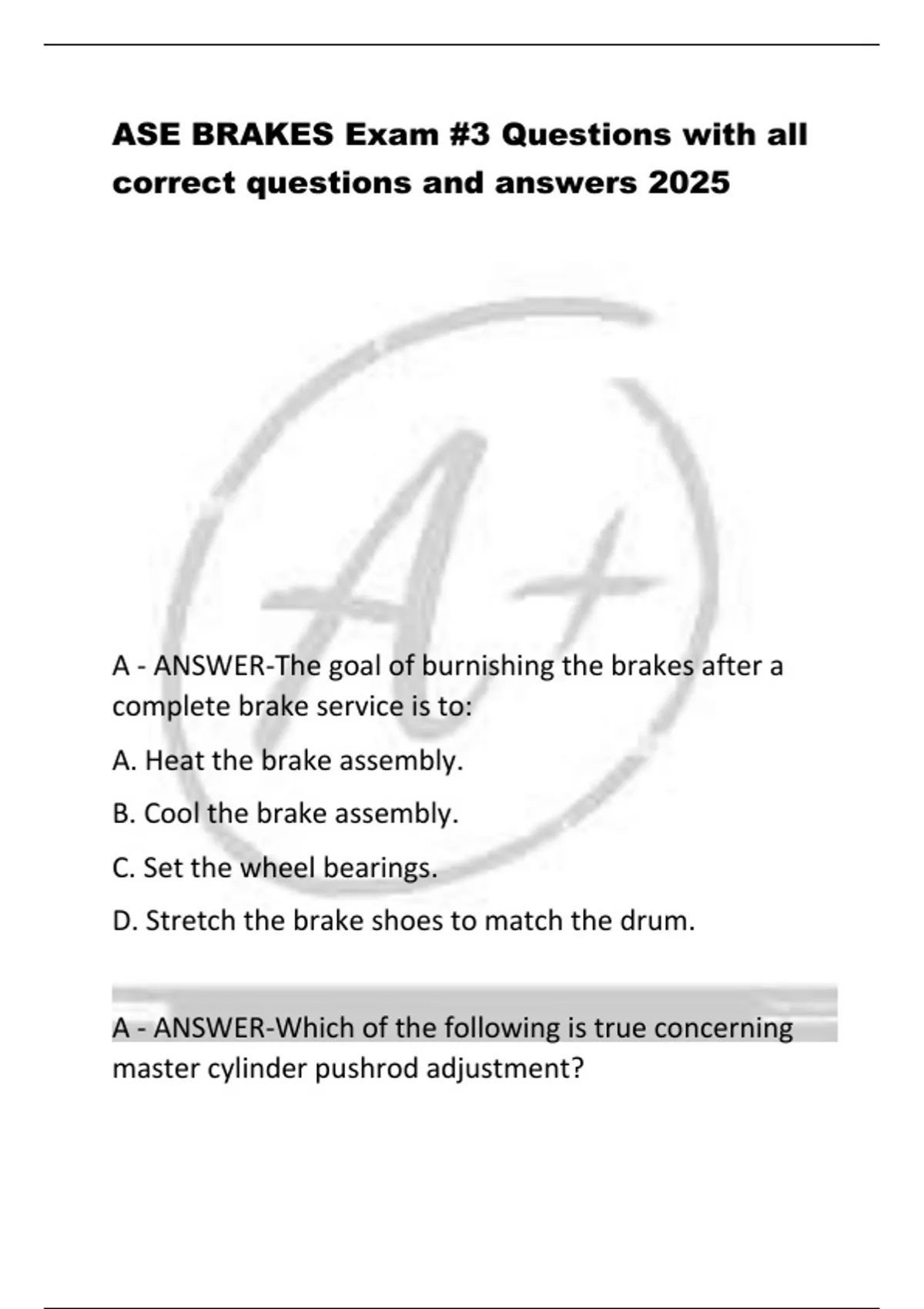 ASE BRAKES Exam #3 Questions with all correct questions and answers ...