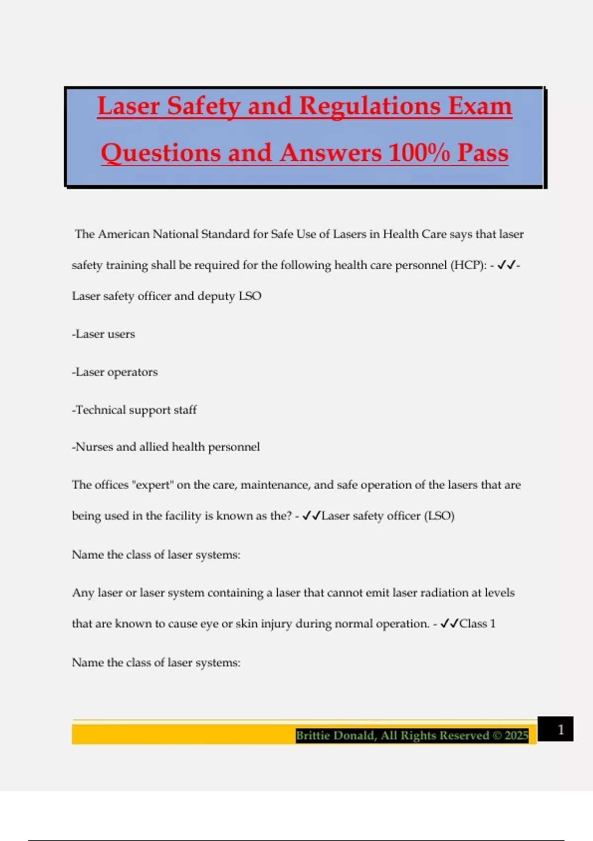 Laser Safety and Regulations Exam Questions and Answers 100% Pass ...