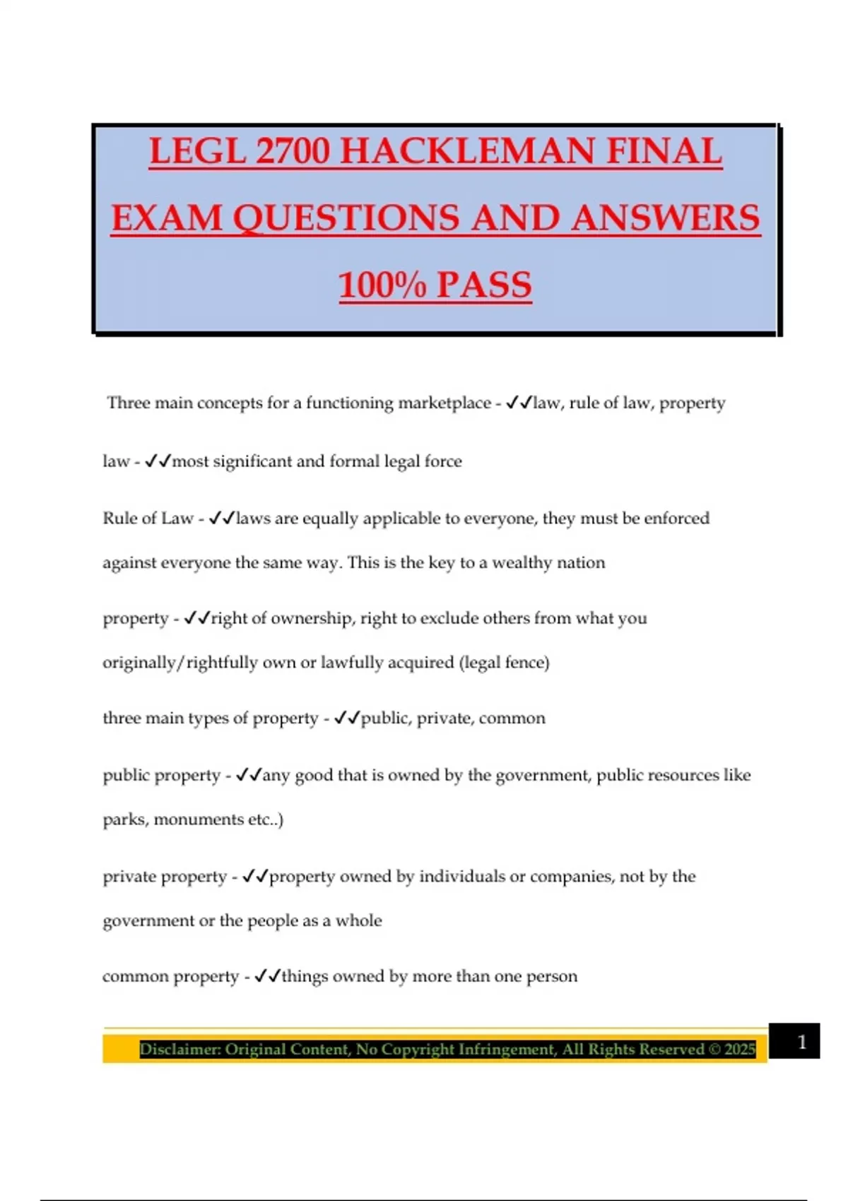 LEGL 2700 HACKLEMAN FINAL EXAM QUESTIONS AND ANSWERS 100% PASS - LEGL 2700 - Stuvia US