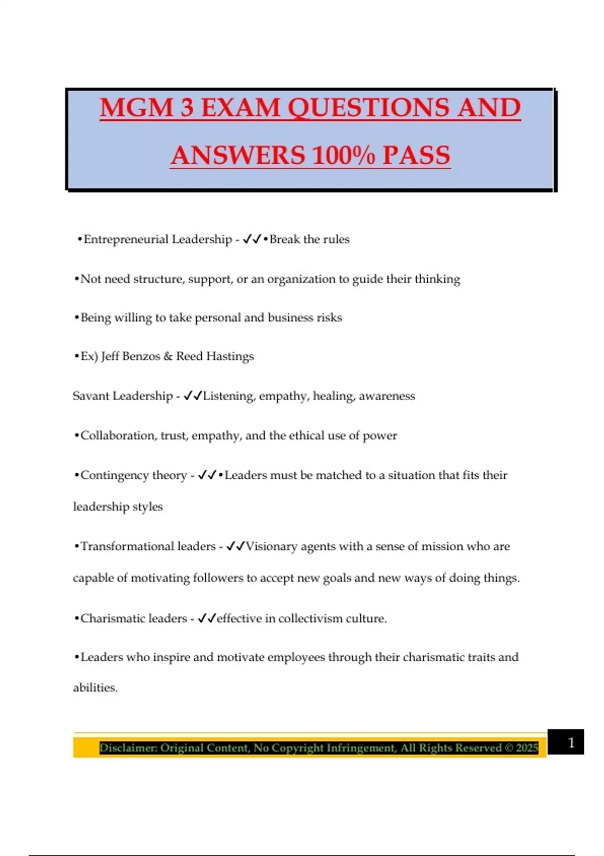 MGM 3 EXAM QUESTIONS AND ANSWERS 100% PASS - MGM - Stuvia US