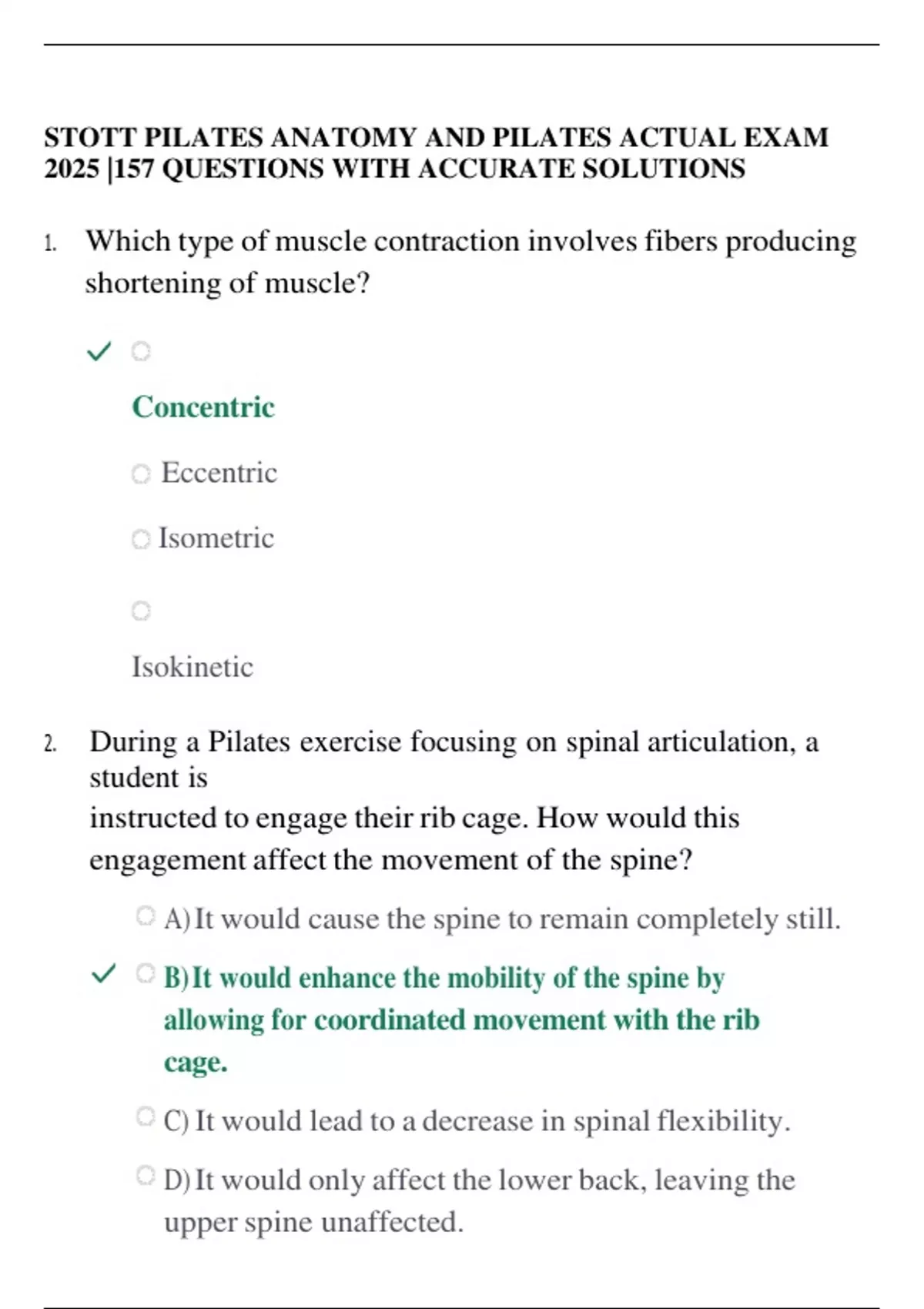 STOTT PILATES ANATOMY AND MOVEMENT ACTUAL EXAM 2025 |124 QUESTIONS WITH ...