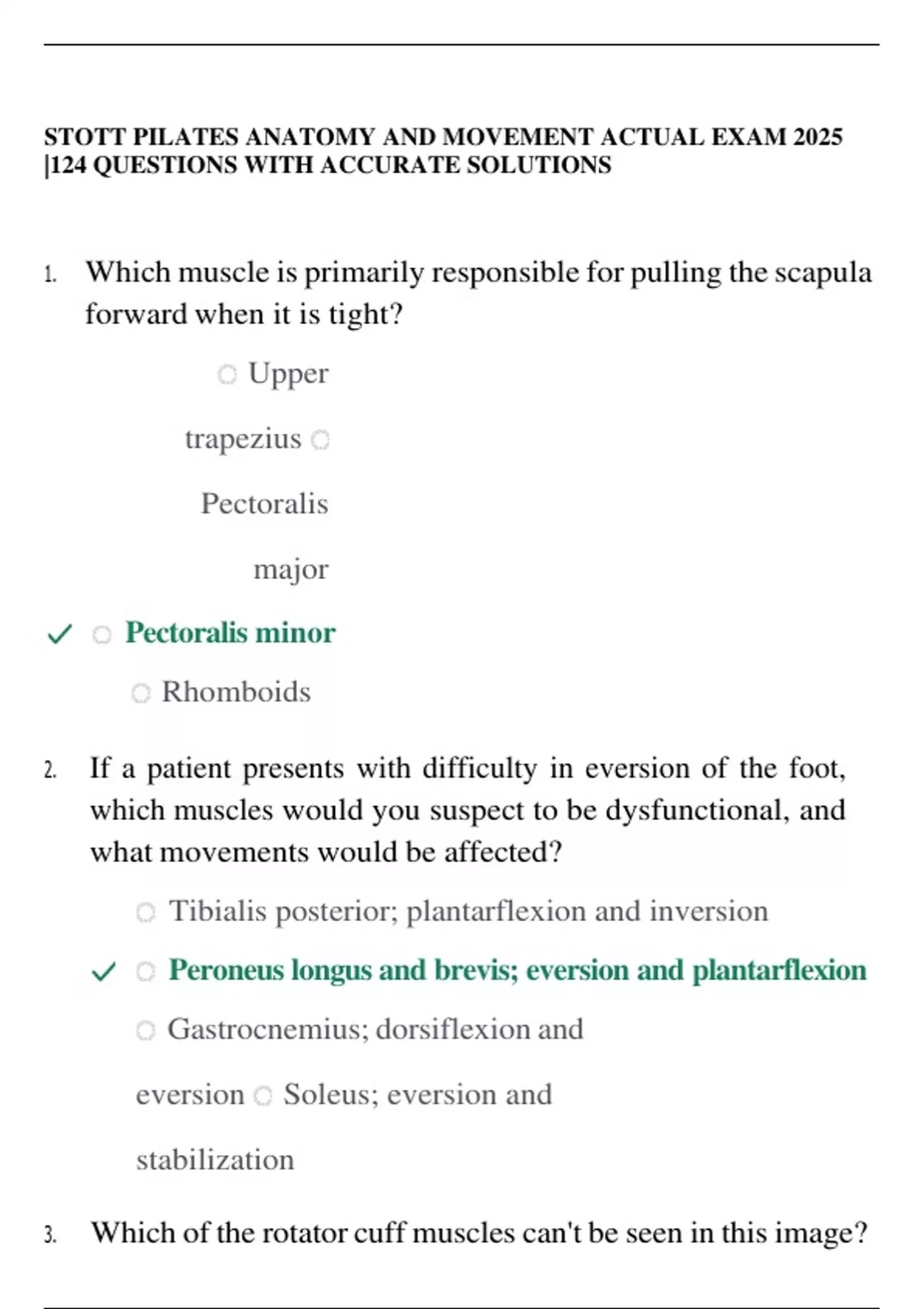 STOTT PILATES MUSCLE ANATOMY EXAM 2025 |131 QUESTIONS WITH ACCURATE ...