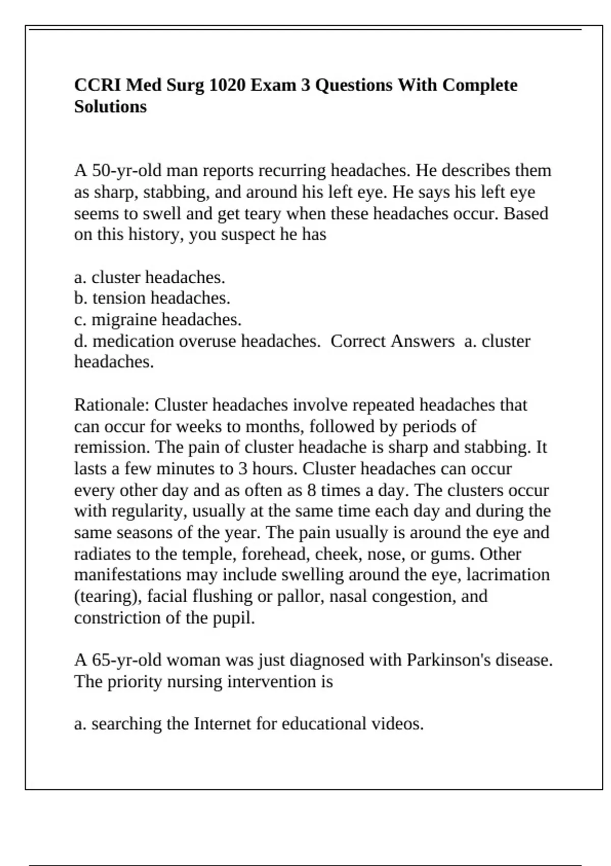 CCRI Med Surg 1020 Exam 3 Questions With Complete Solutions - Nurs 1020 ...