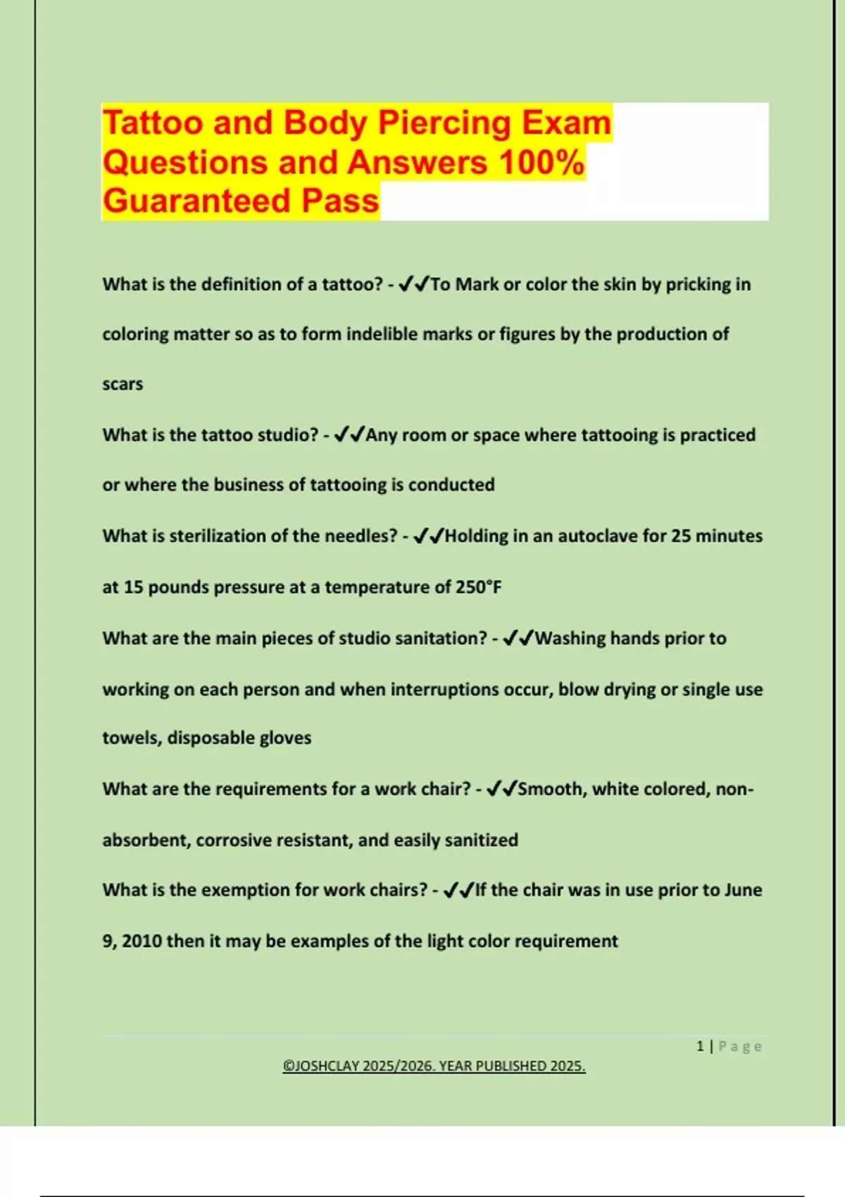 Tattoo and Body Piercing Exam Questions and Answers 100% Guaranteed ...