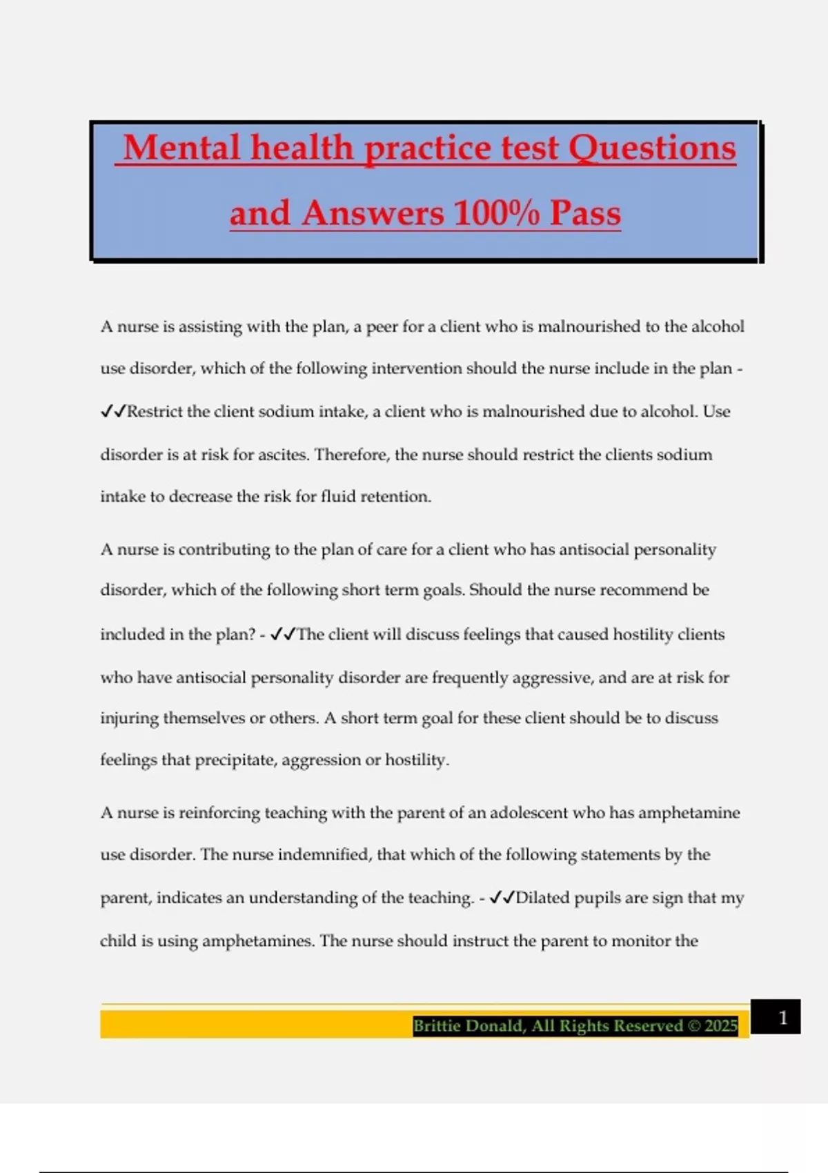 Mental health practice test Questions and Answers 100% Pass - Mental ...