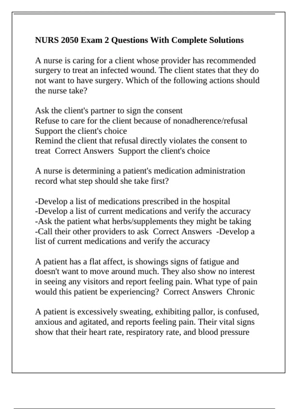 NURS 2050 Exam 2 Questions With Complete Solutions - NURS 2050 - Stuvia US