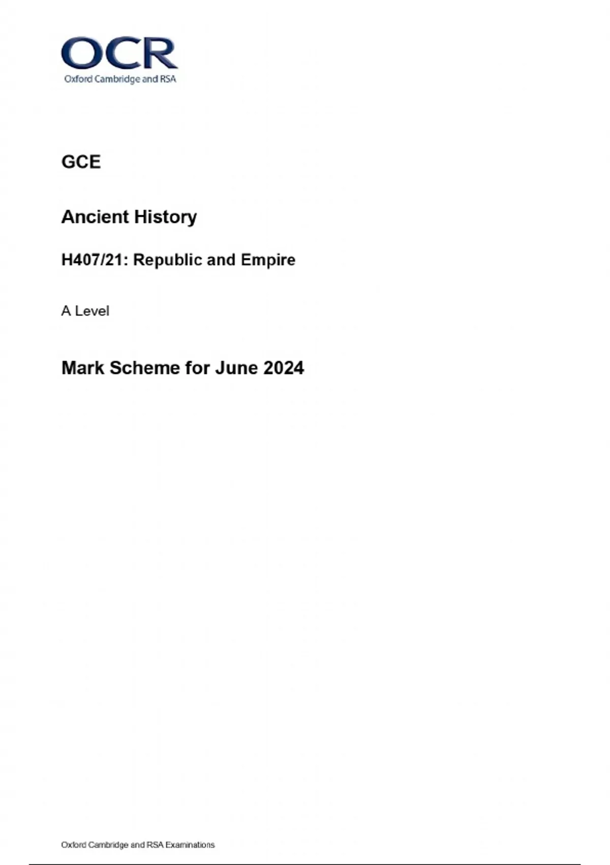 OCR A Level Ancient History H407/21: Republic and Empire Mark Scheme ...