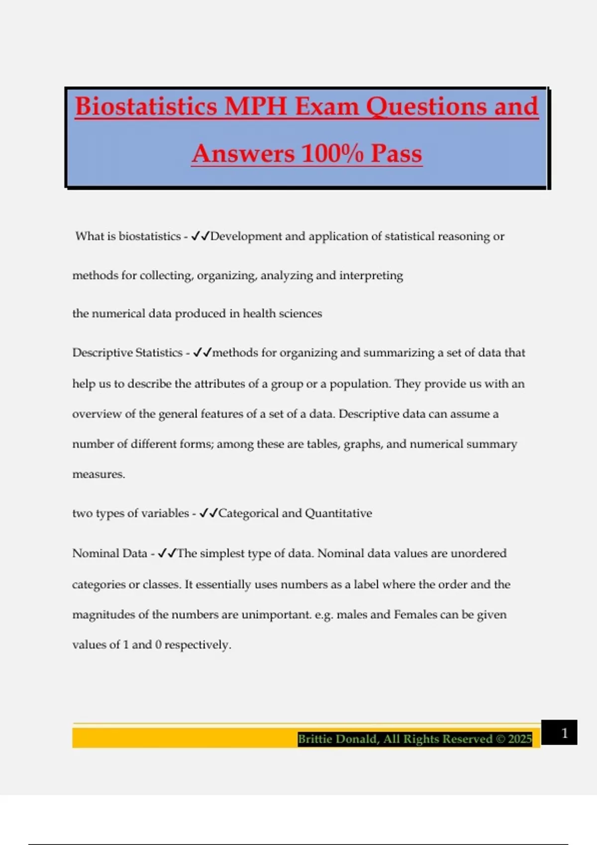 Biostatistics MPH Exam Questions and Answers 100% Pass - MPH - Master of Public Health - Stuvia US