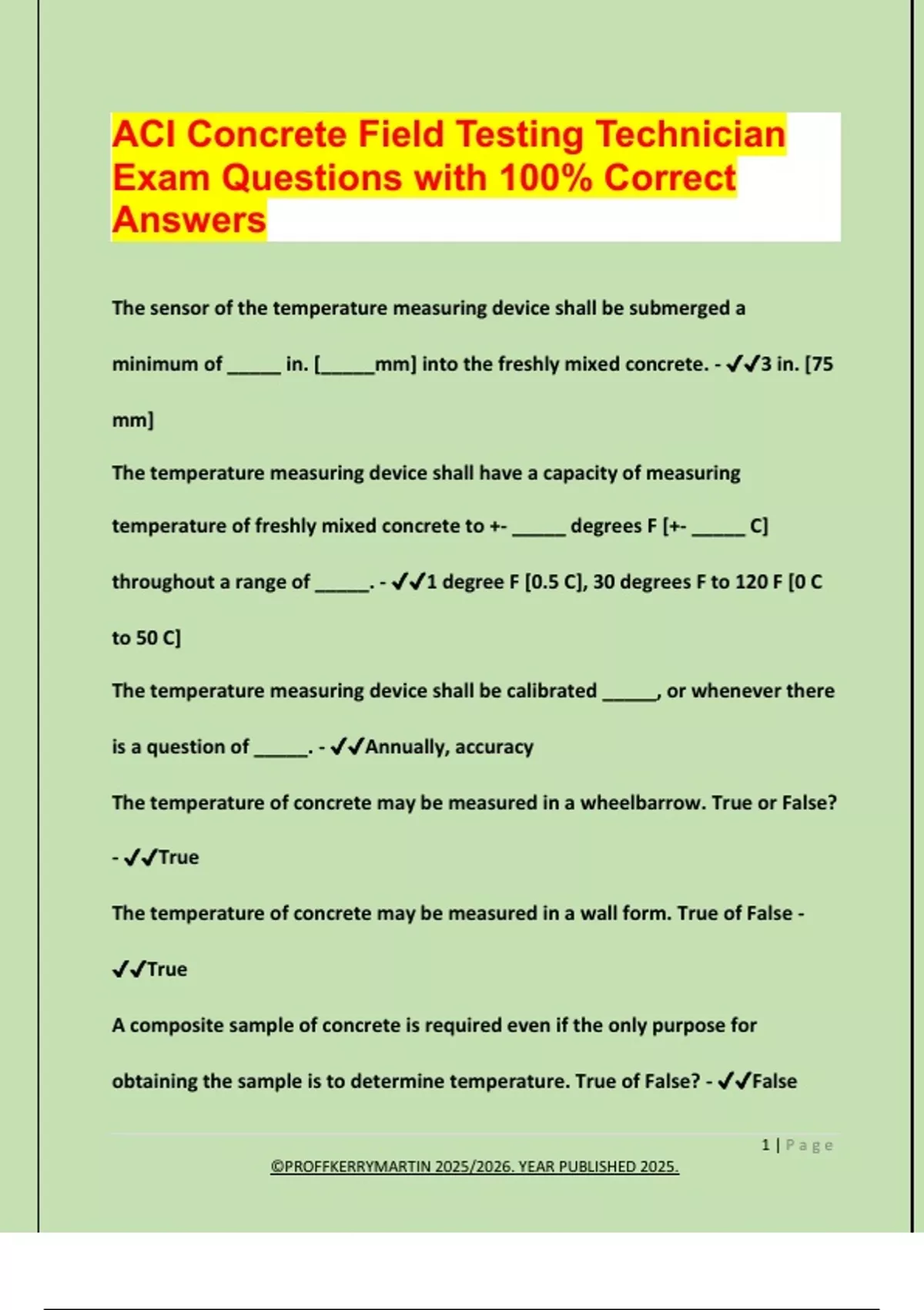 ACI Concrete Field Testing Technician Exam Questions with 100% Correct ...