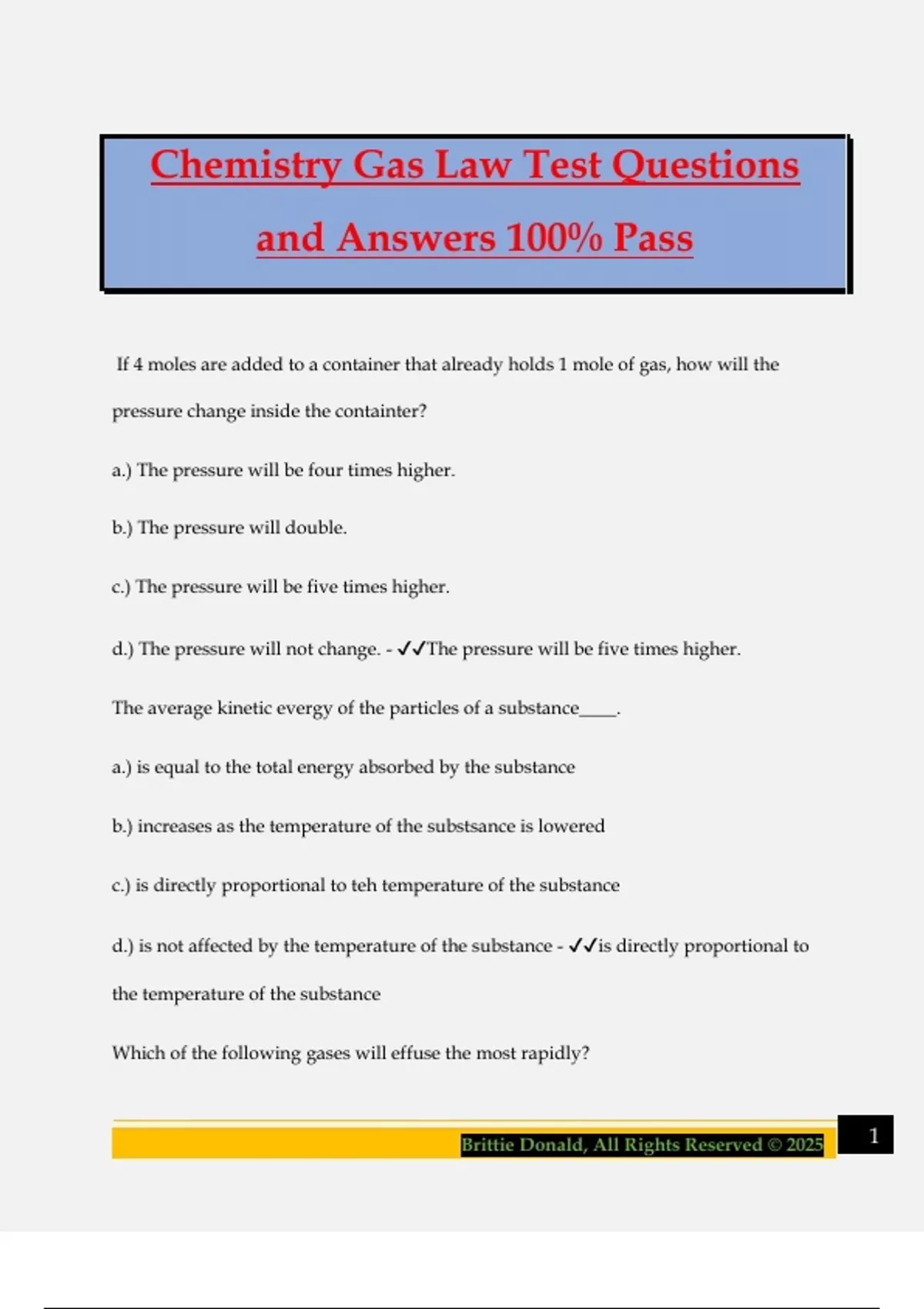 Chemistry Gas Law Test Questions and Answers 100% Pass - NATE - Stuvia US