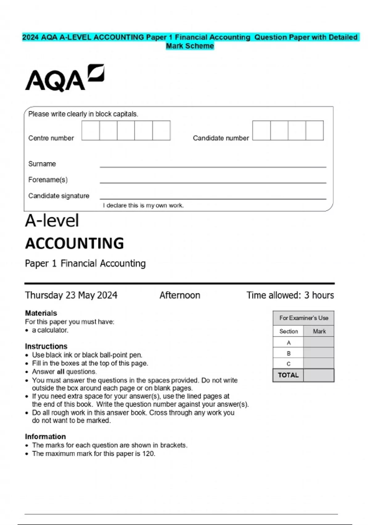 2024 AQA A-LEVEL ACCOUNTING Paper 1 Financial Accounting Question Paper with Detailed Mark ...