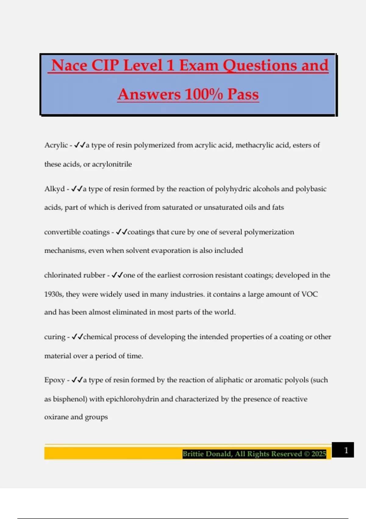 Nace CIP Level 1 Exam Questions and Answers 100% Pass - NACE - Stuvia US
