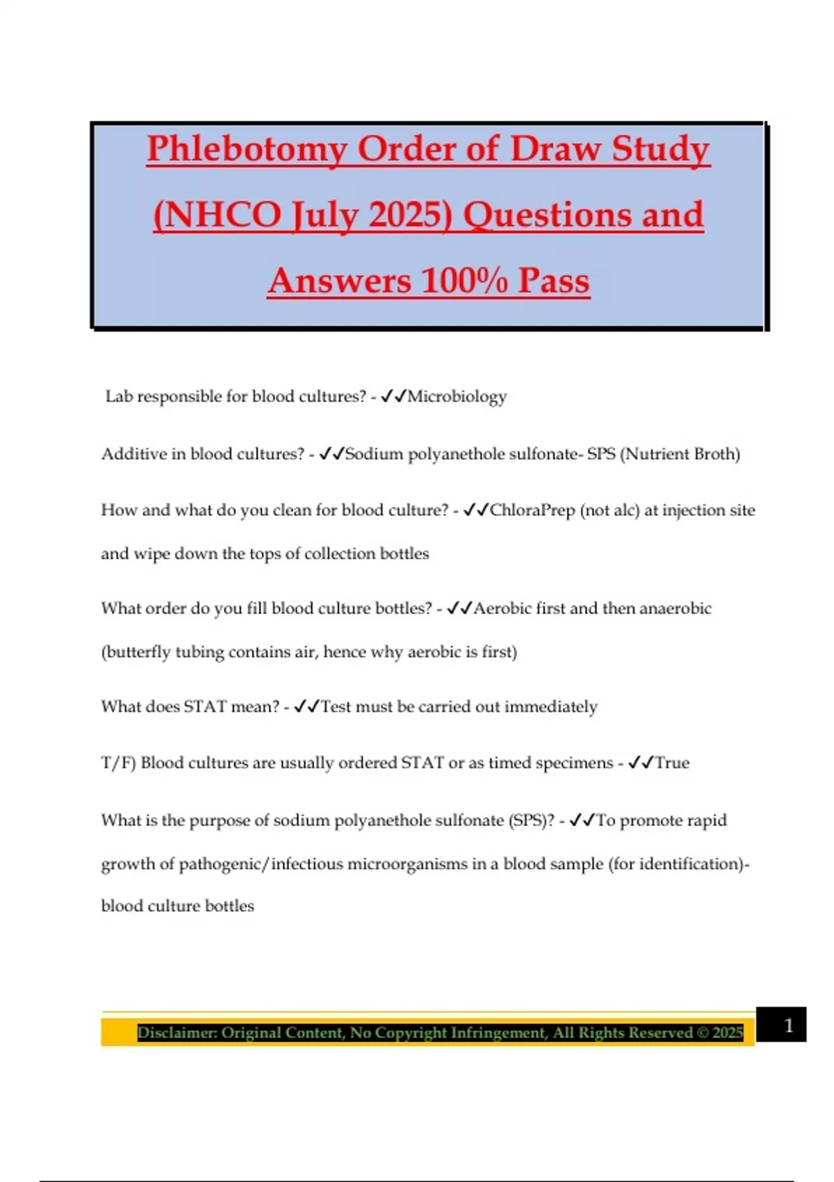 Phlebotomy Order of Draw Study (NHCO July 2025) Questions and Answers ...