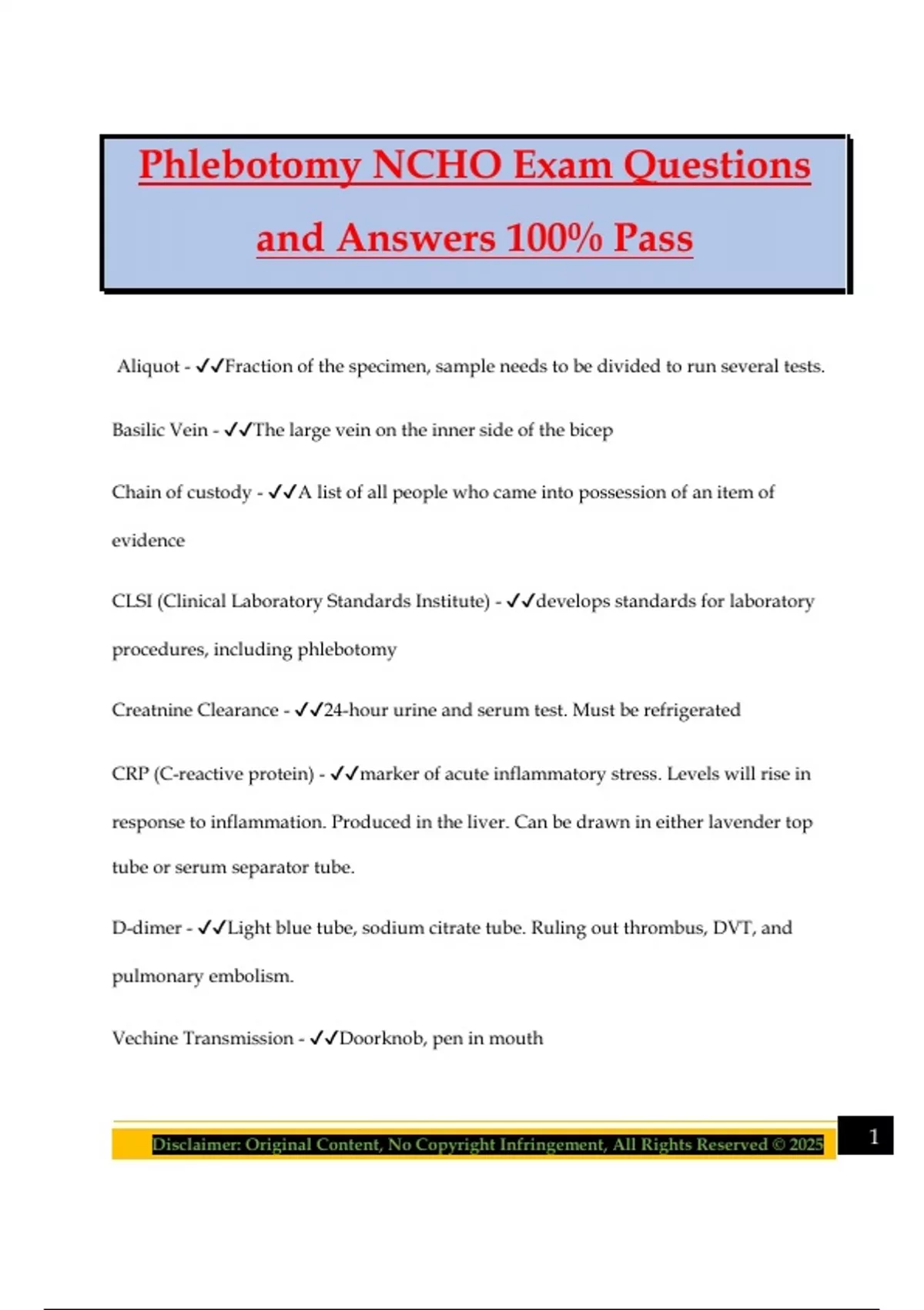 Phlebotomy NCHO Exam Questions and Answers 100% Pass - NHCO Phlebotomy ...
