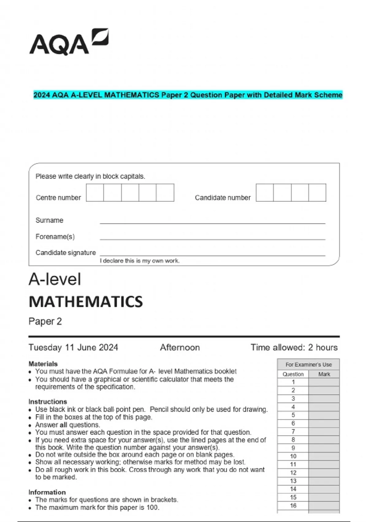 2024 AQA A-LEVEL MATHEMATICS Paper 2 Question Paper with Detailed Mark ...