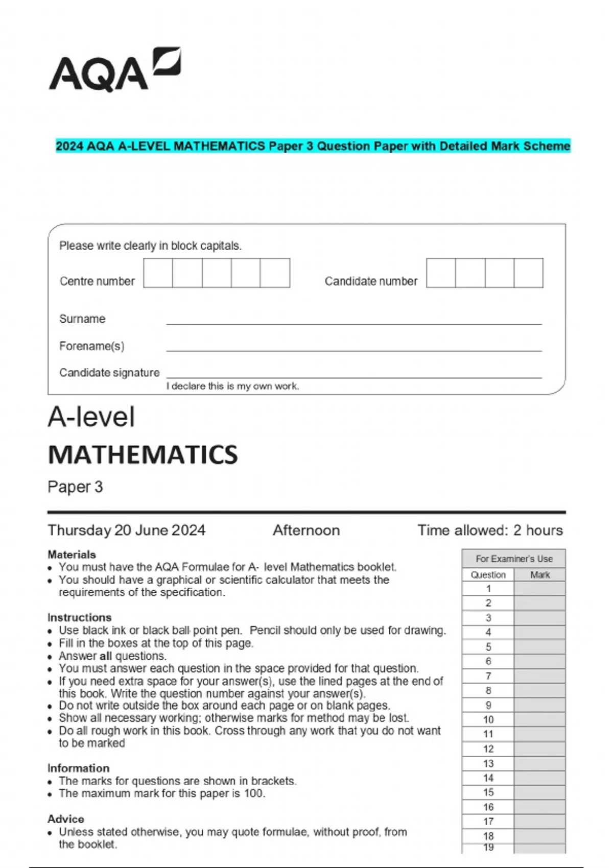 2024 AQA A-LEVEL MATHEMATICS Paper 3 Question Paper with Detailed Mark Scheme - Aqa as - Stuvia US