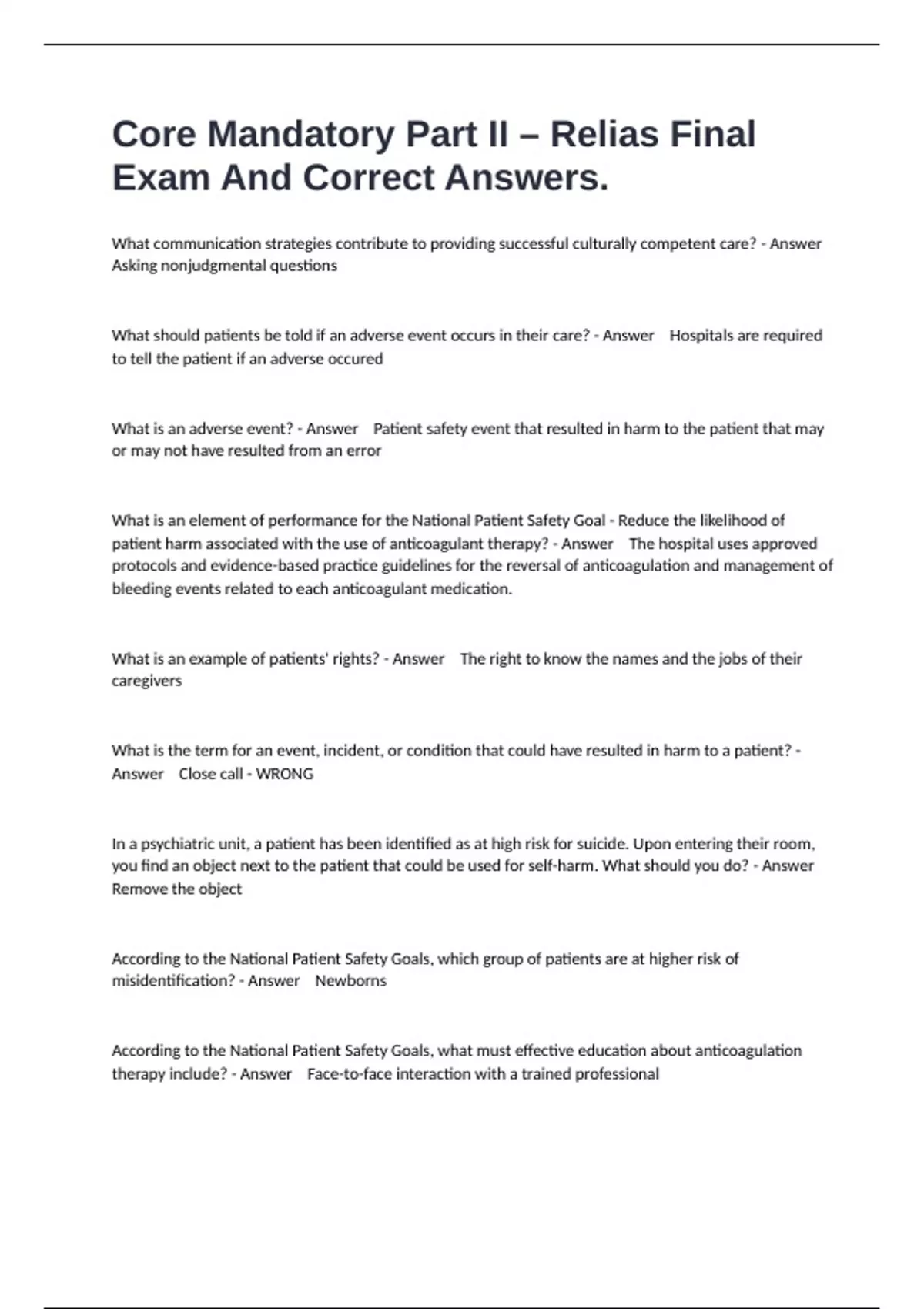 Core Mandatory Part II – Relias Final Exam And Correct Answers ...