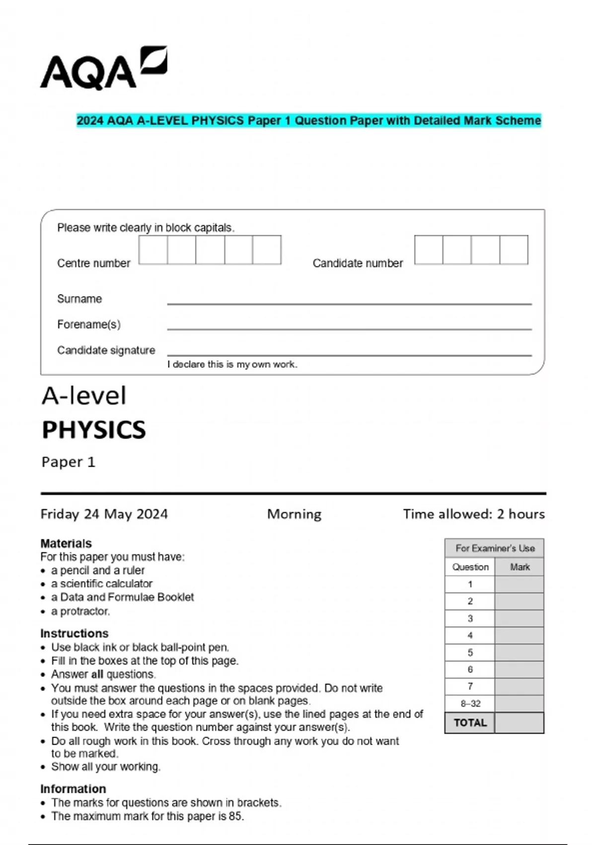 2024 AQA A-LEVEL PHYSICS Paper 1 Question Paper with Detailed Mark ...