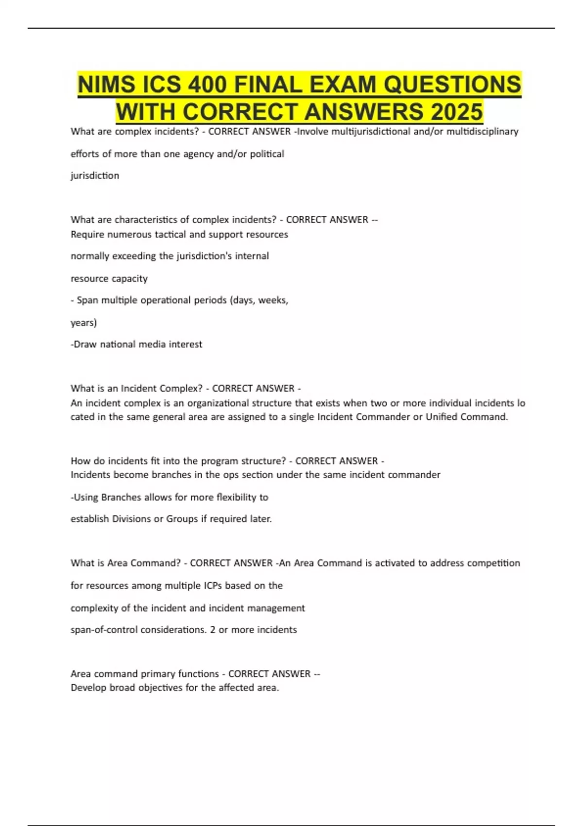 NIMS ICS 400 FINAL EXAM QUESTIONS WITH CORRECT ANSWERS 2025 - NIMS ICS 400 - Stuvia US