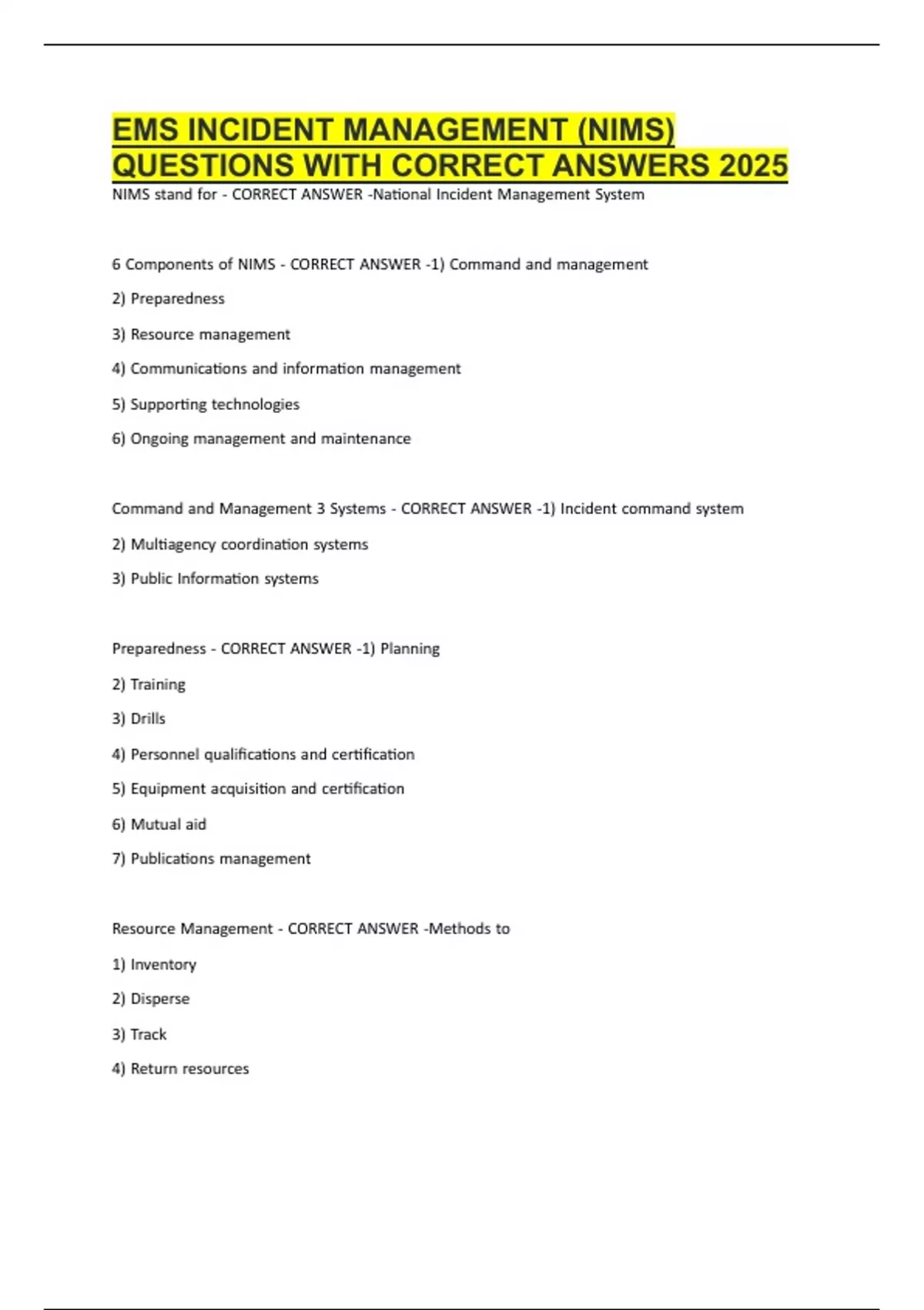 EMS INCIDENT MANAGEMENT (NIMS) QUESTIONS WITH CORRECT ANSWERS 2025 - Nims ics - Stuvia US